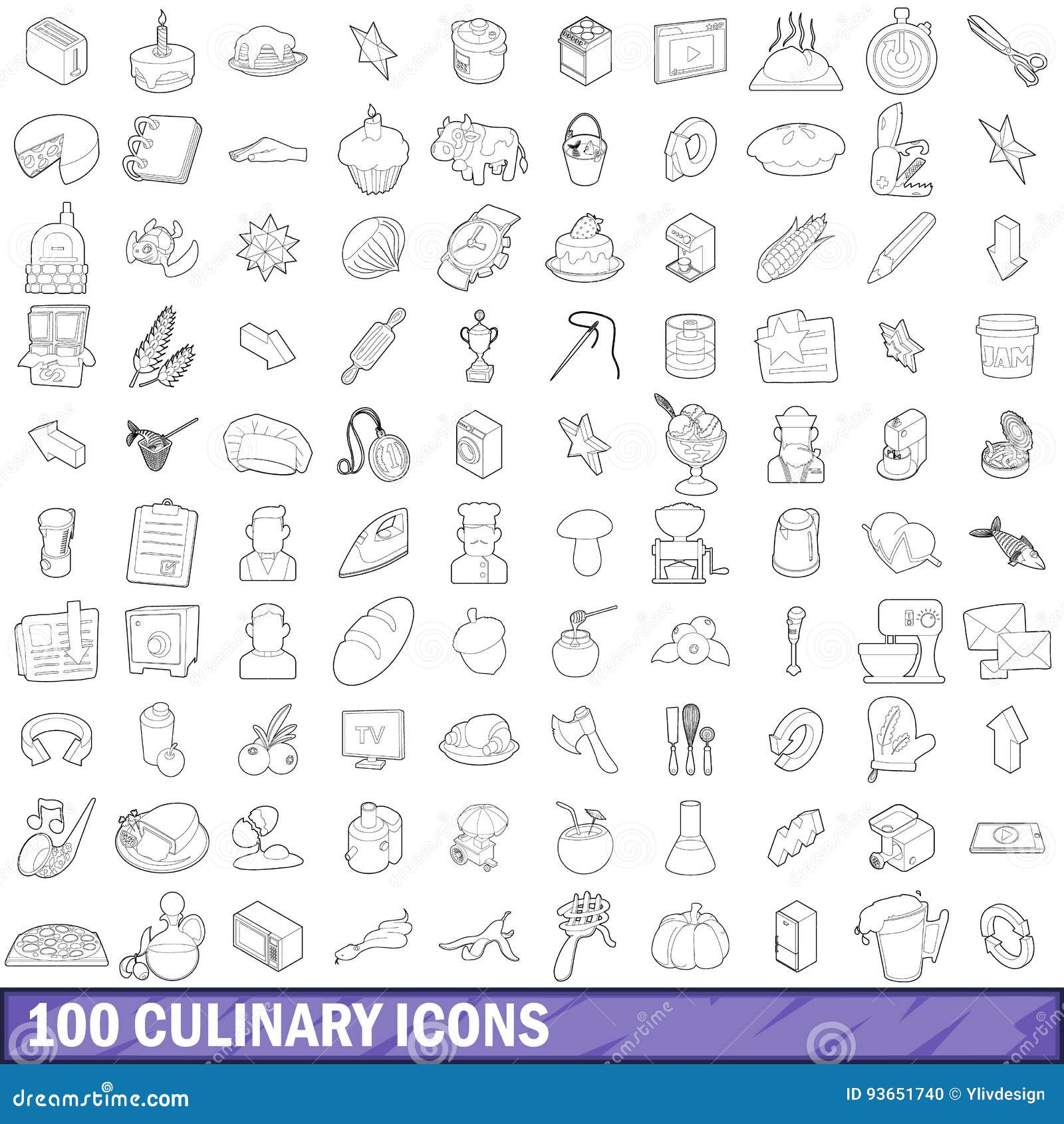 100 Culinary Icons Set, Outline Style Stock Vector - Illustration of ...