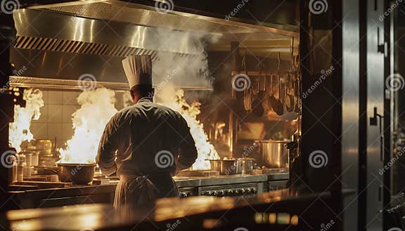 Culinary Magic, a Chef Cooking in a Large Restaurant Kitchen ...