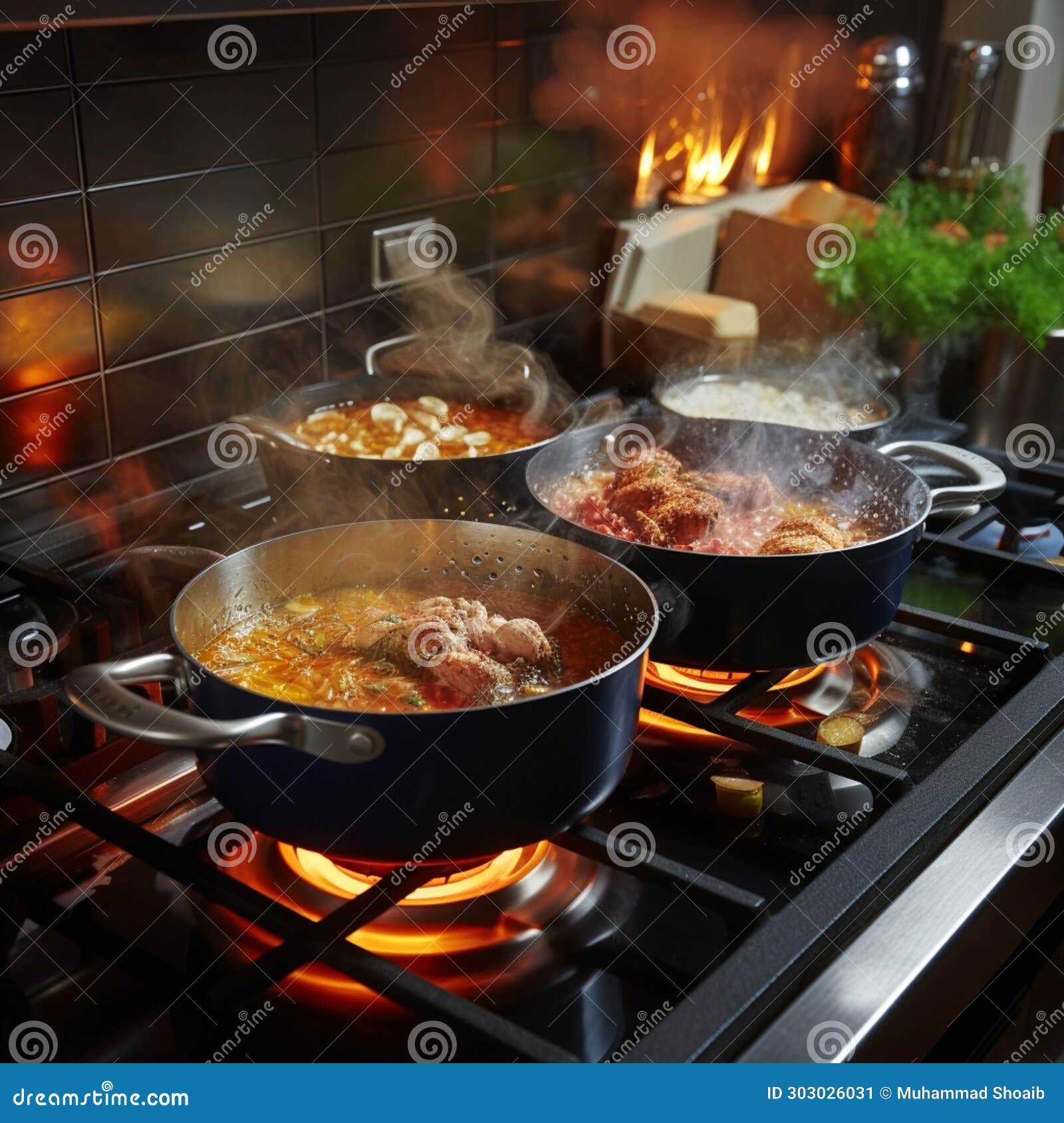 Culinary Performance Pots at Work on the Kitchen Gas Stove Stock ...