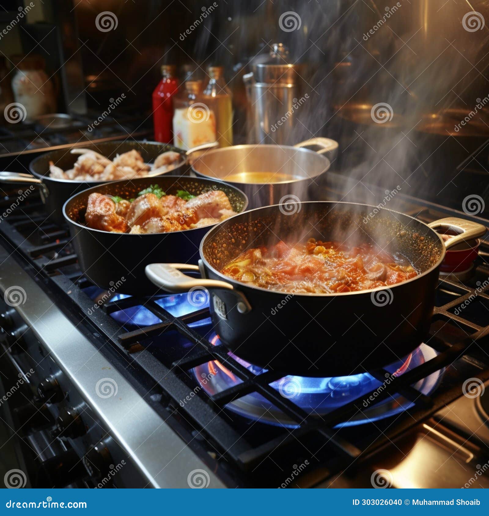 Culinary Performance Pots at Work on the Kitchen Gas Stove Stock ...