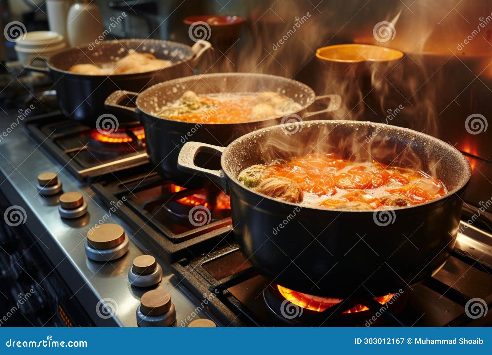 Culinary Performance Pots at Work on the Kitchen Gas Stove Stock ...