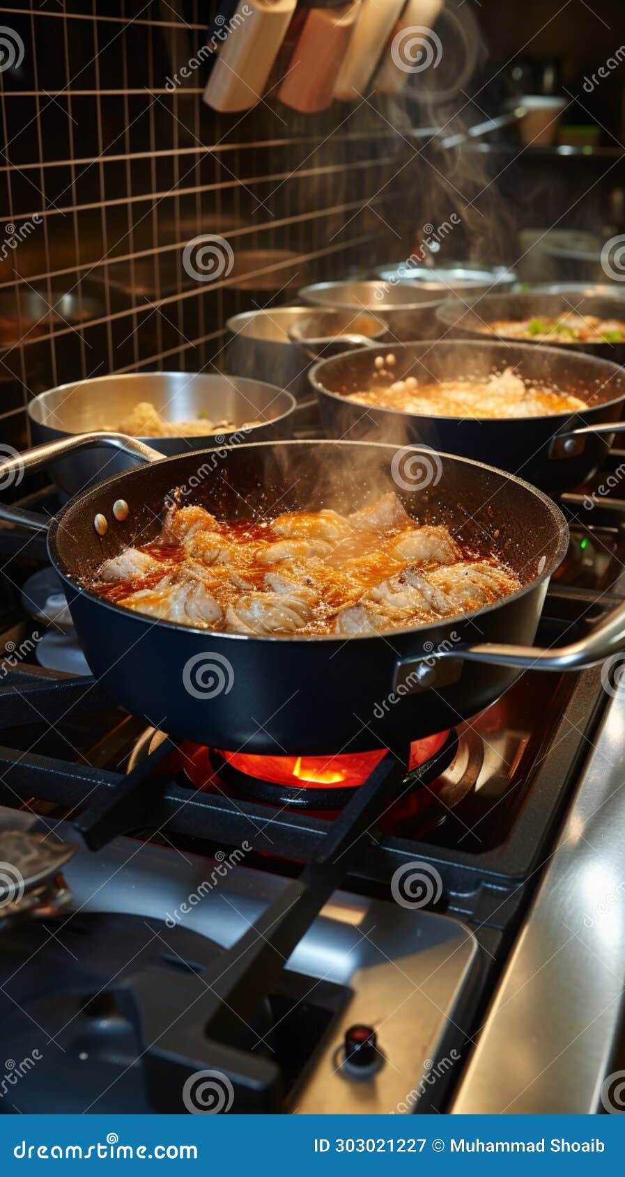 Culinary Performance Pots at Work on the Kitchen Gas Stove Stock ...