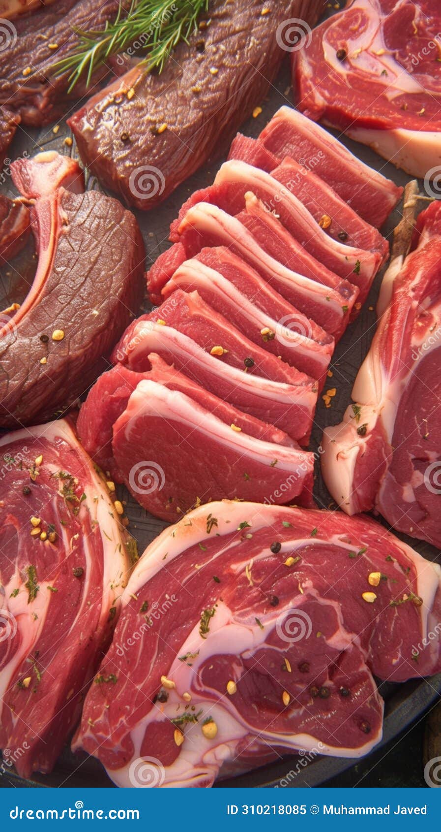 Culinary Selection Assorted Raw Meat Cuts Presented in a Variety Stock ...