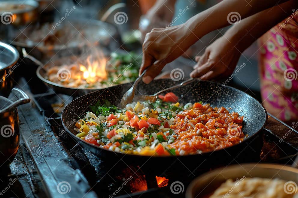 Culinary Teamwork in a Vibrant Kitchen during an Evening Cooking Event ...