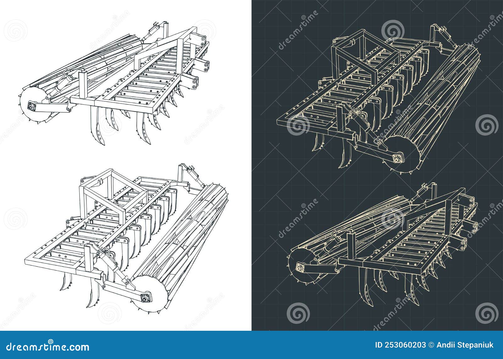 Cultivator With Roller Isometric Blueprints Vector Illustration ...