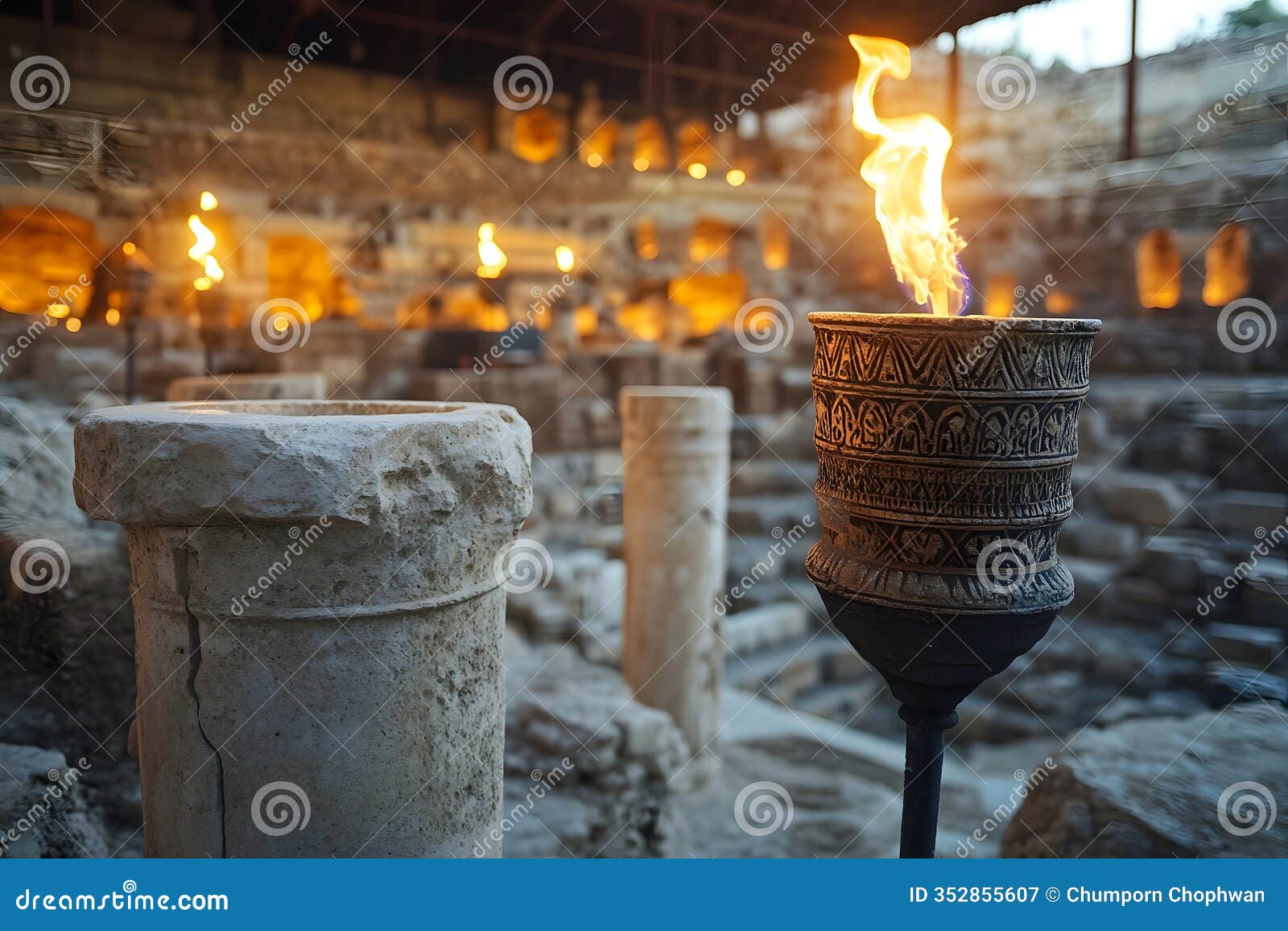 Cultural Site Of Ancient Amphitheater With Torchlight And Columns ...