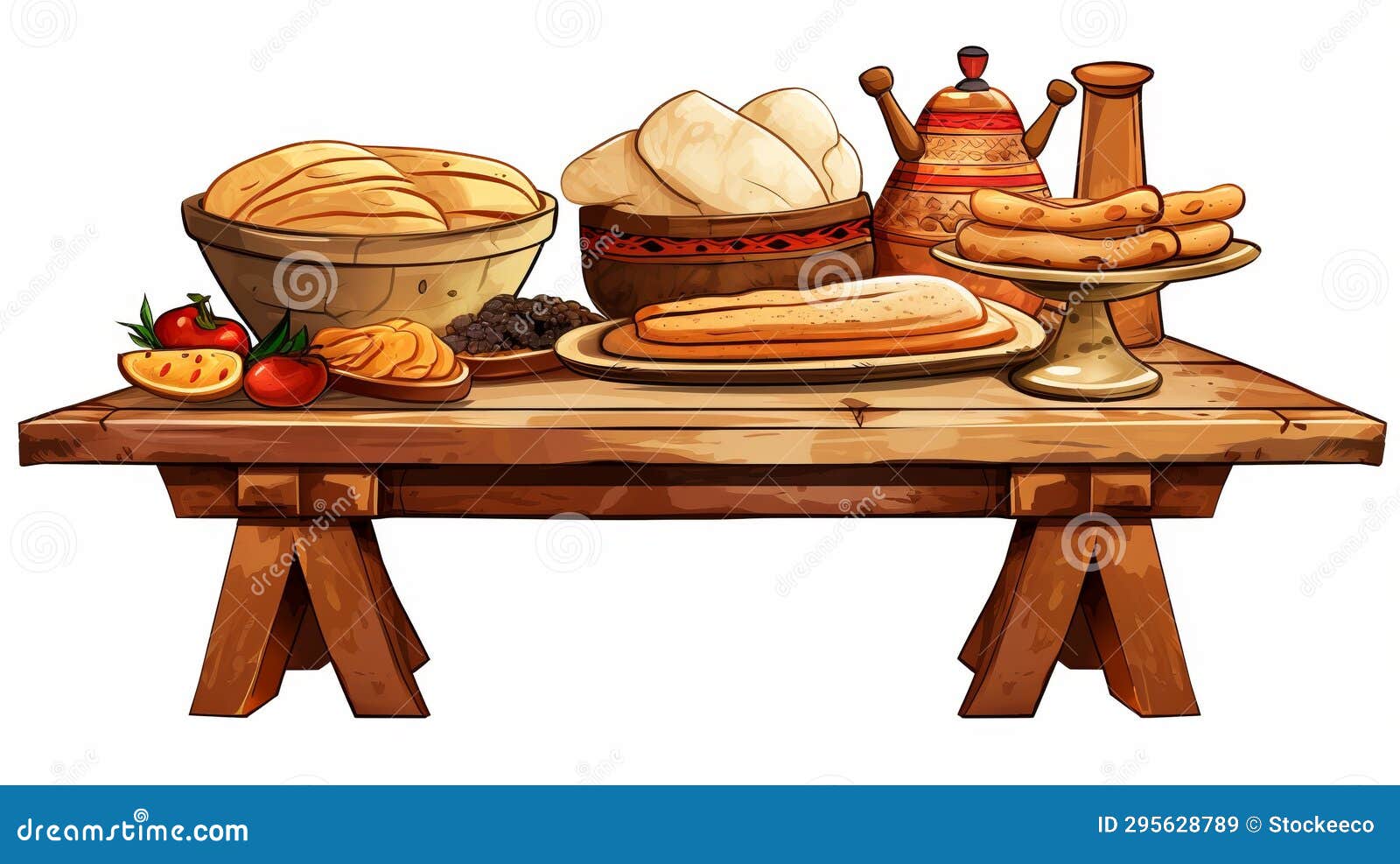 Culturally Diverse Bread Table Illustration with Biblical Themes Stock ...