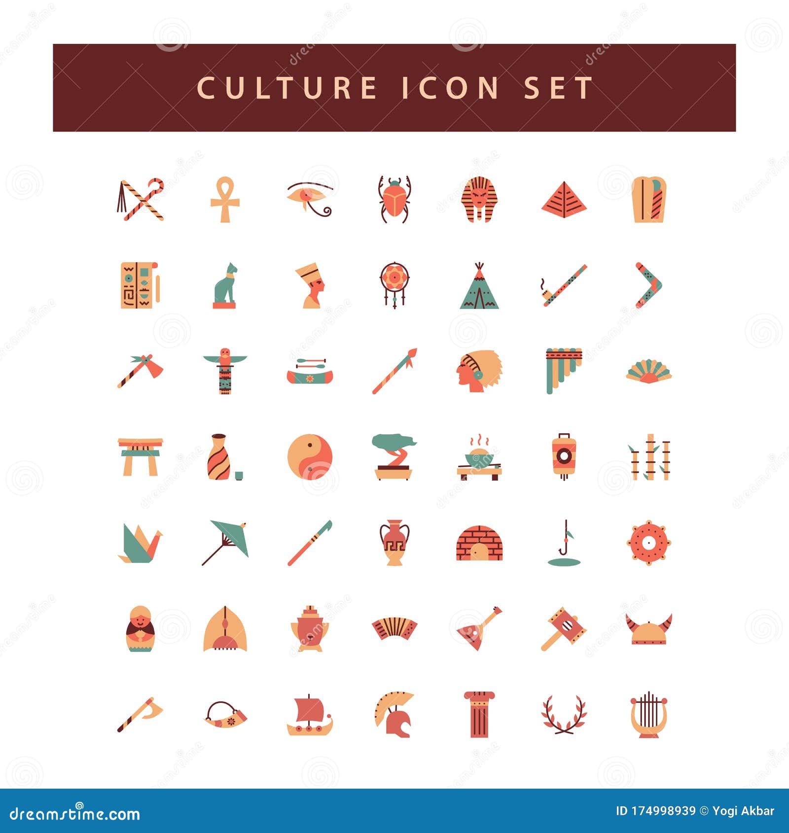 Culture Icon Set with Colorful Modern Flat Style Design Stock Vector ...