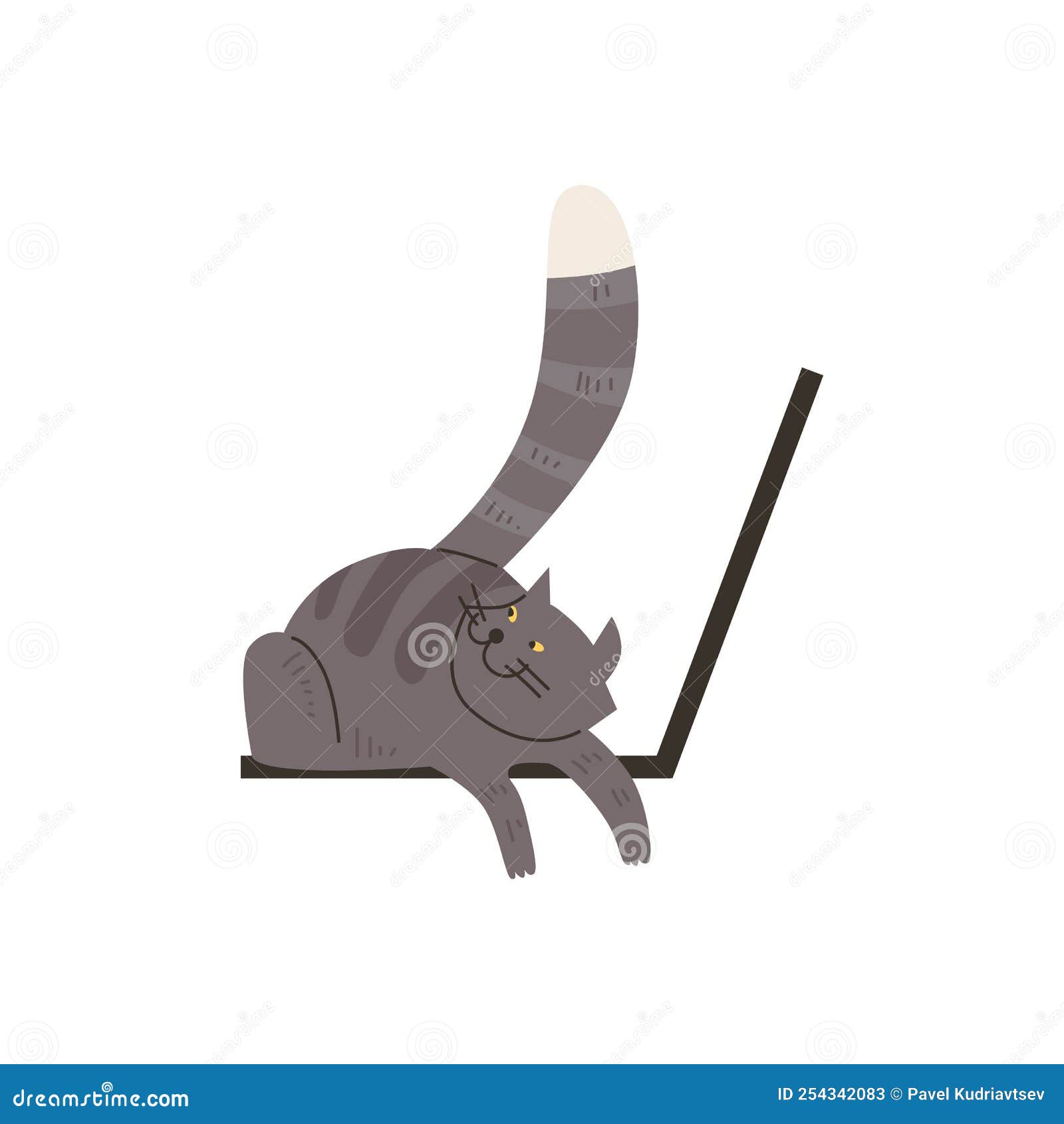 Cunning Gray Tabby Cat Lying On Laptop Flat Style Vector Illustration