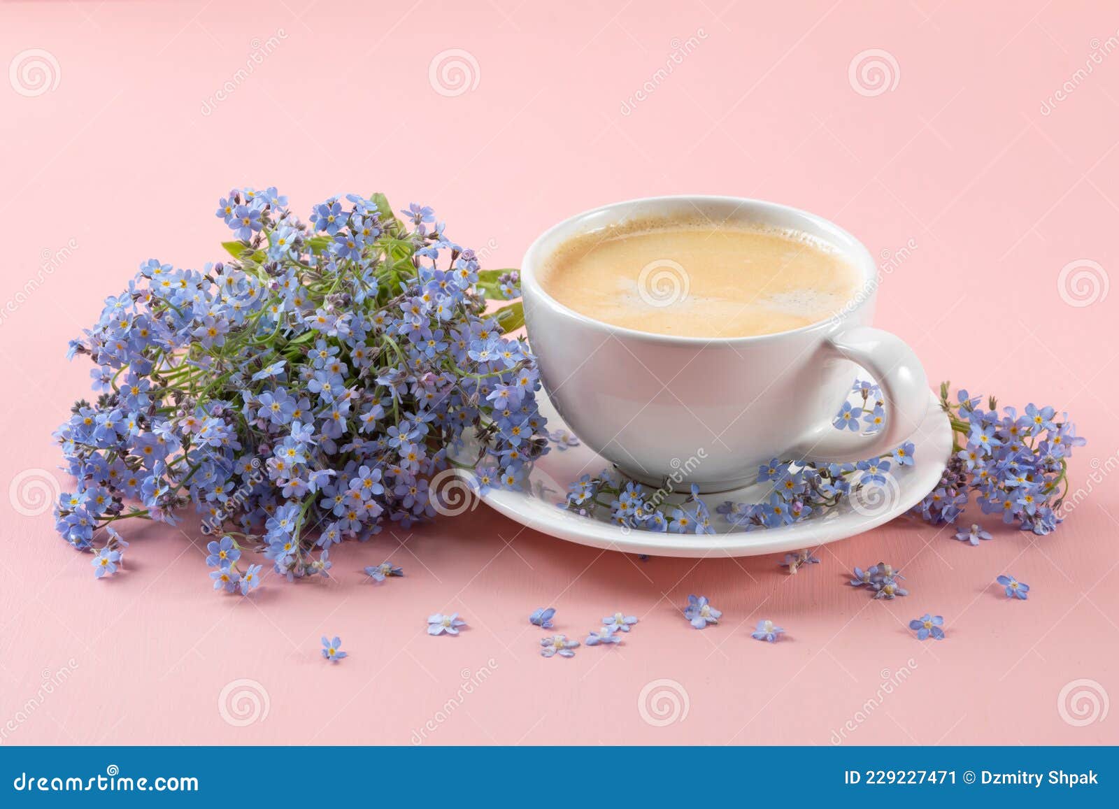 Cup of Aromatic Coffee and a Bouquet of Forget-me-nots on a Pink ...