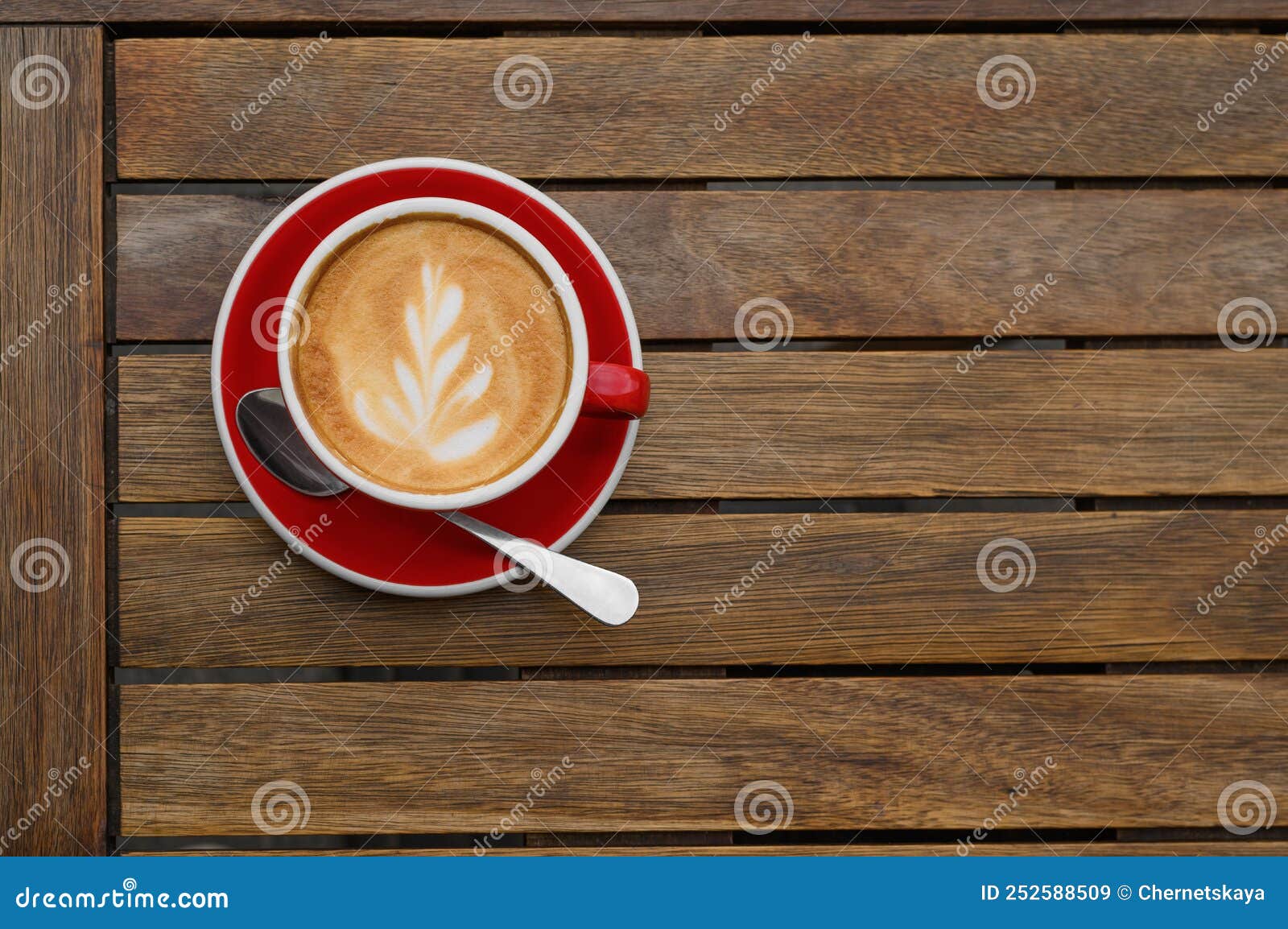 Cup of Aromatic Coffee on Wooden Table, Top View. Space for Text Stock ...