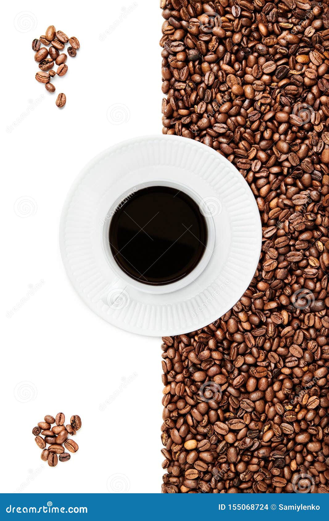 Cup of Black Coffee, Bunch of Coffee Beans in the Corners, Cup Handle ...