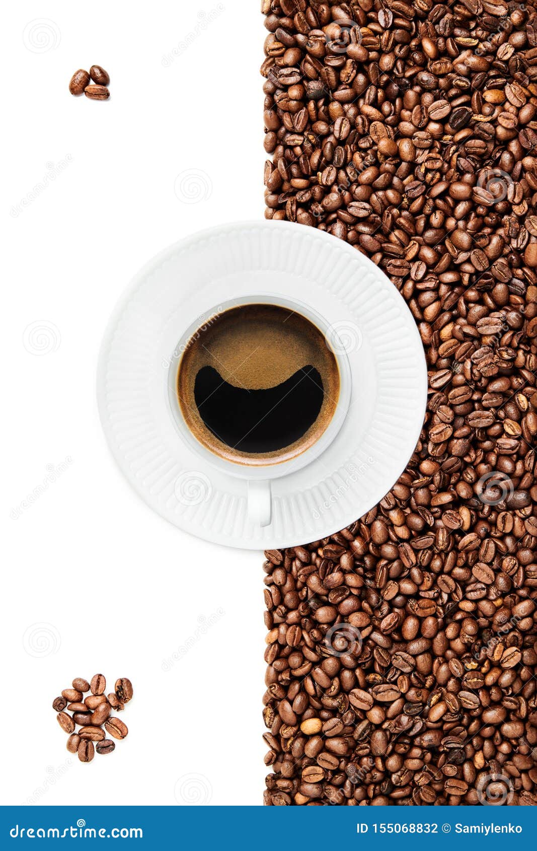 Cup of Black Coffee with Some Foam Facing Down, 3 Coffee Beans Left Top ...