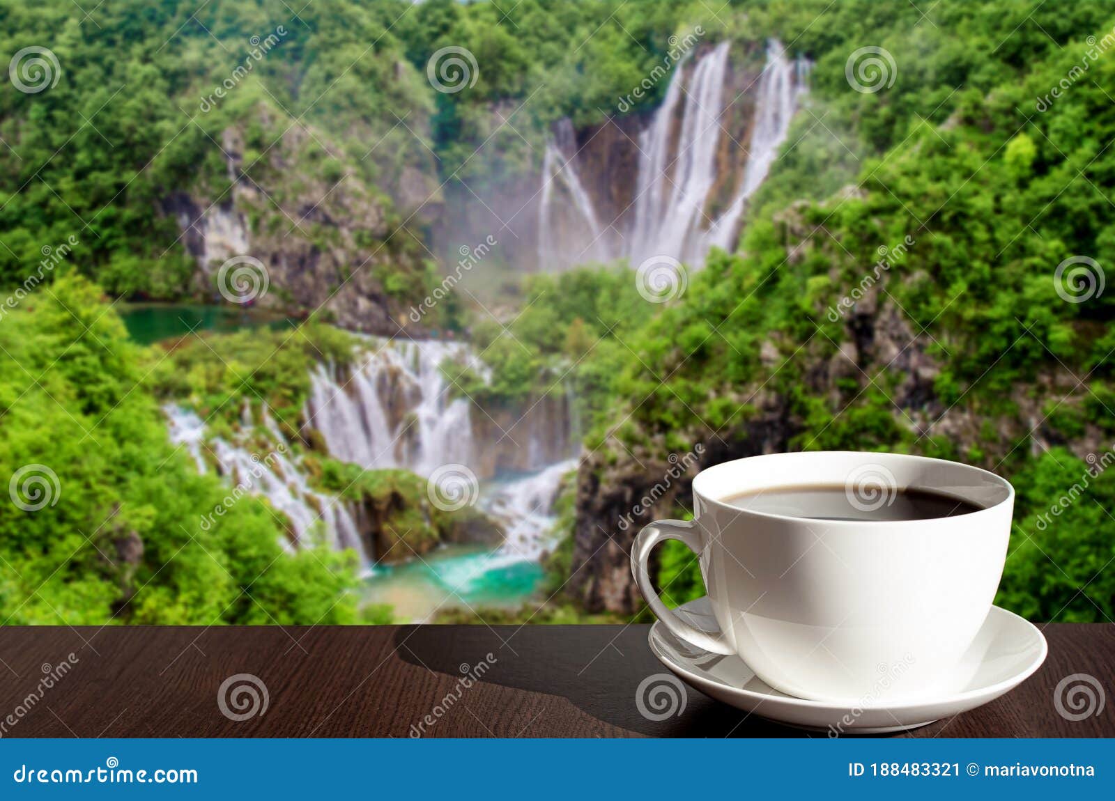 Cup of Black Coffee or Tea with Big Waterfall in Croatia Stock Image ...