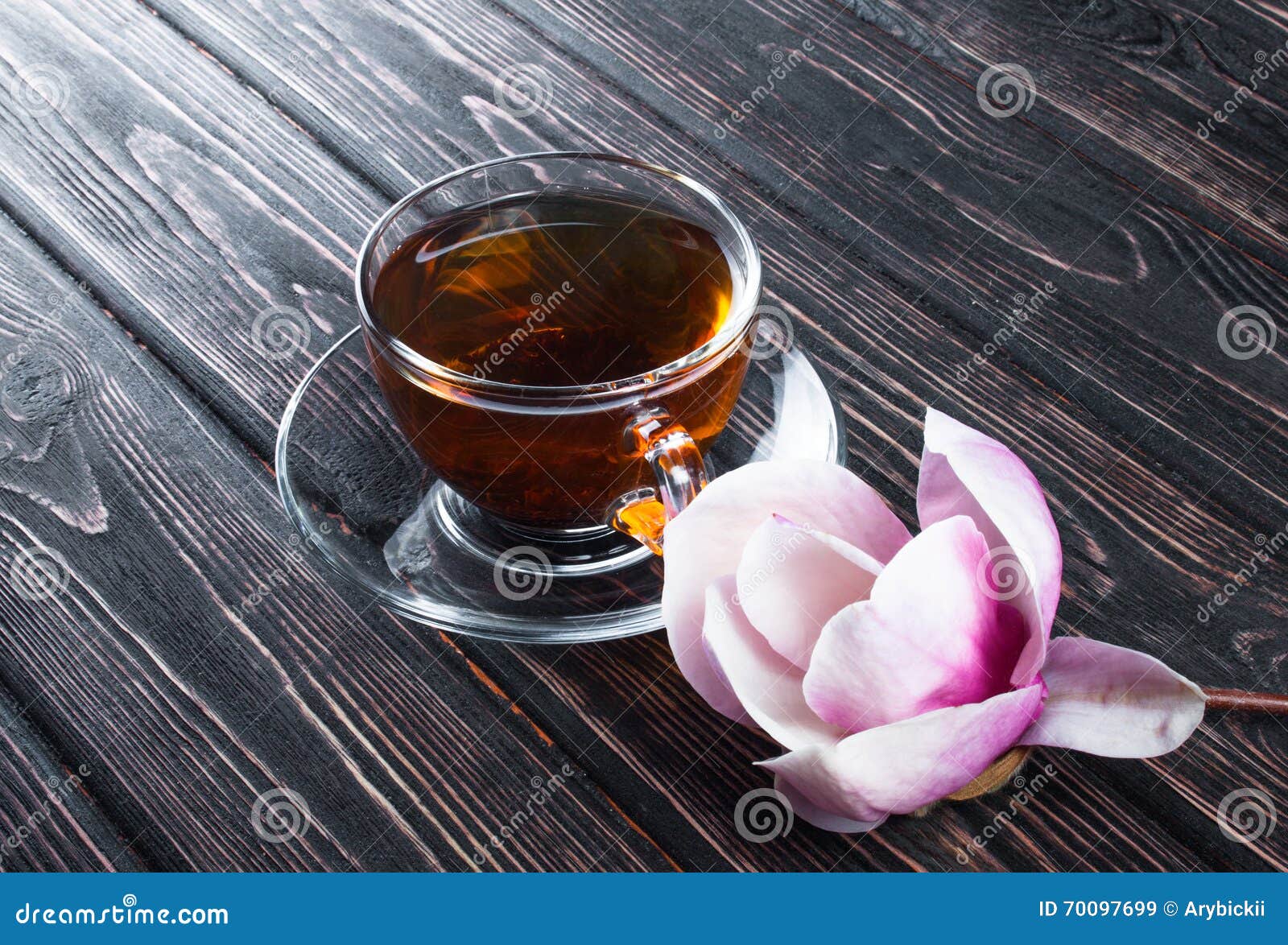 Cup of Black Tea and Flower Magnolia on Wooden Boards. Stock Image ...