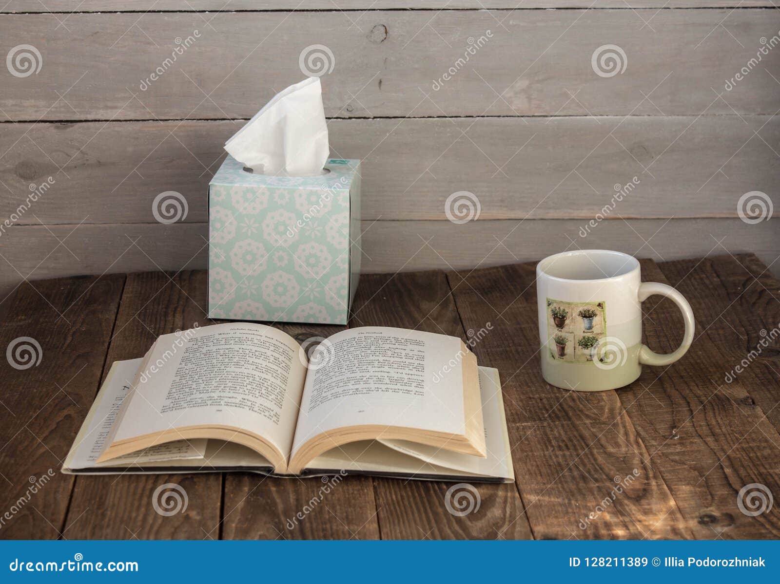 A Cup with Cafe an Open Book and a Box with Napkins Stock Image - Image ...