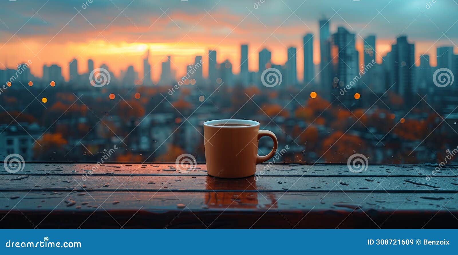Cup of Coffee on the Balcony with View on the City Skyline Stock Image ...