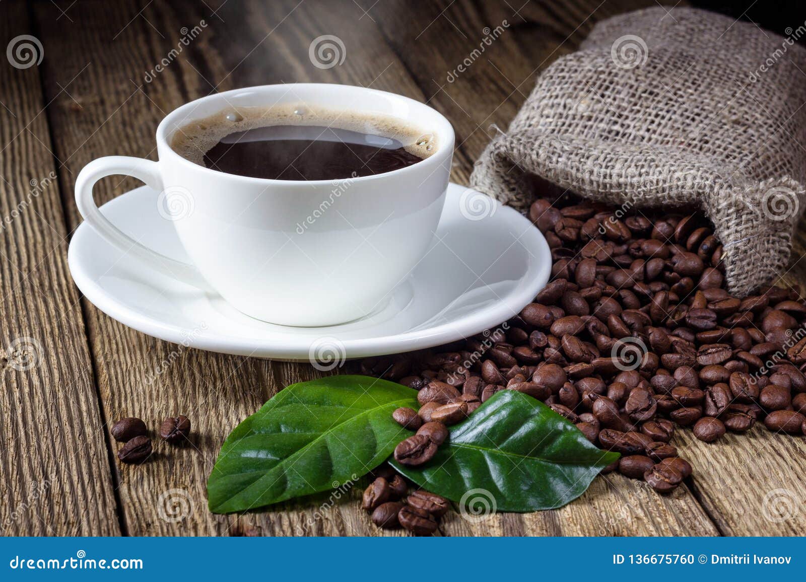 Cup of Coffee, Beans and Leaf Stock Photo - Image of caffeine, morning ...
