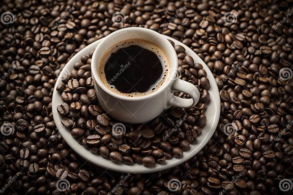 A Cup of Coffee on a Bed of Coffee Beans Stock Image - Image of coffee ...