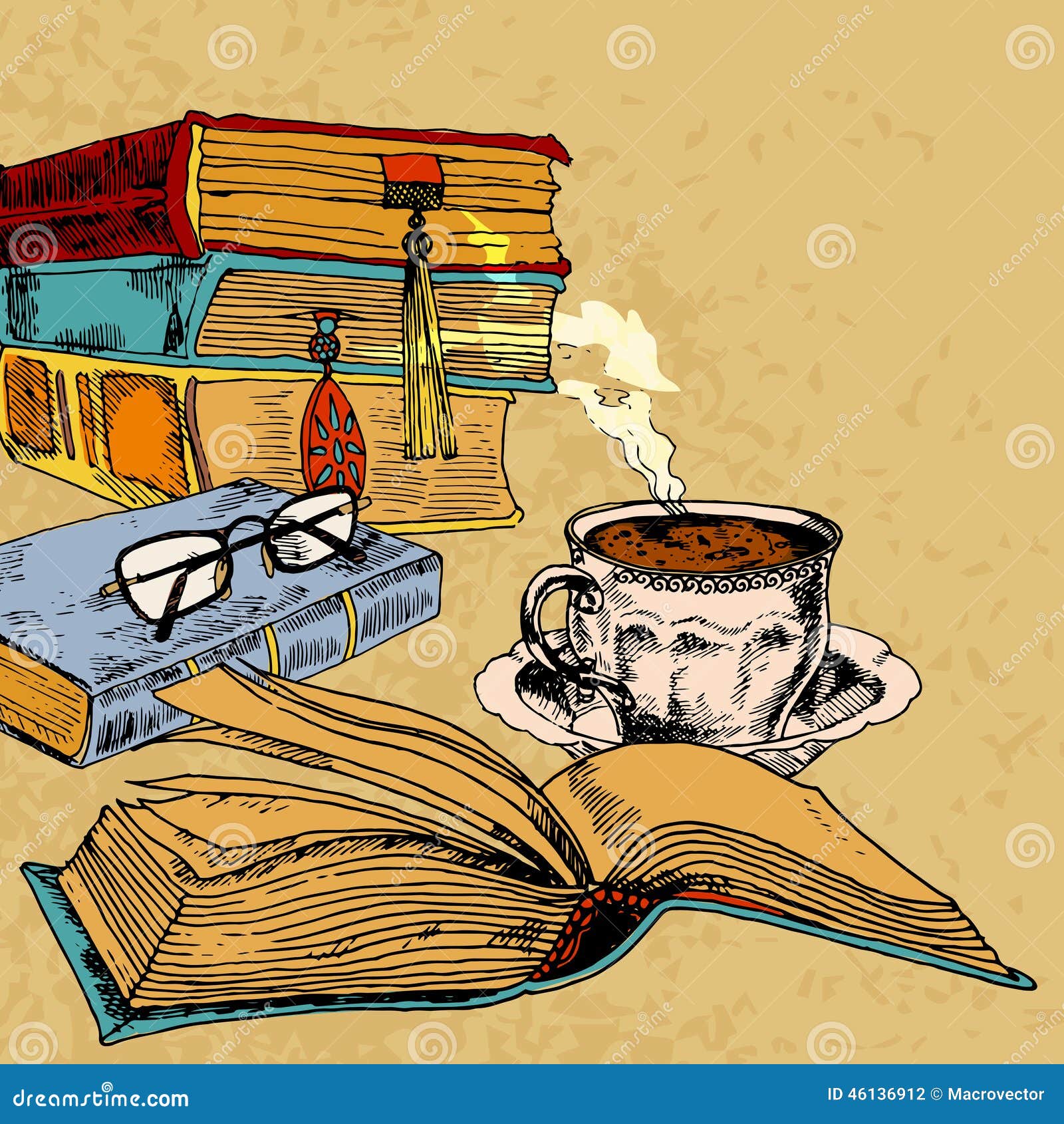 Cup of coffee and books stock vector. Illustration of drawn - 46136912