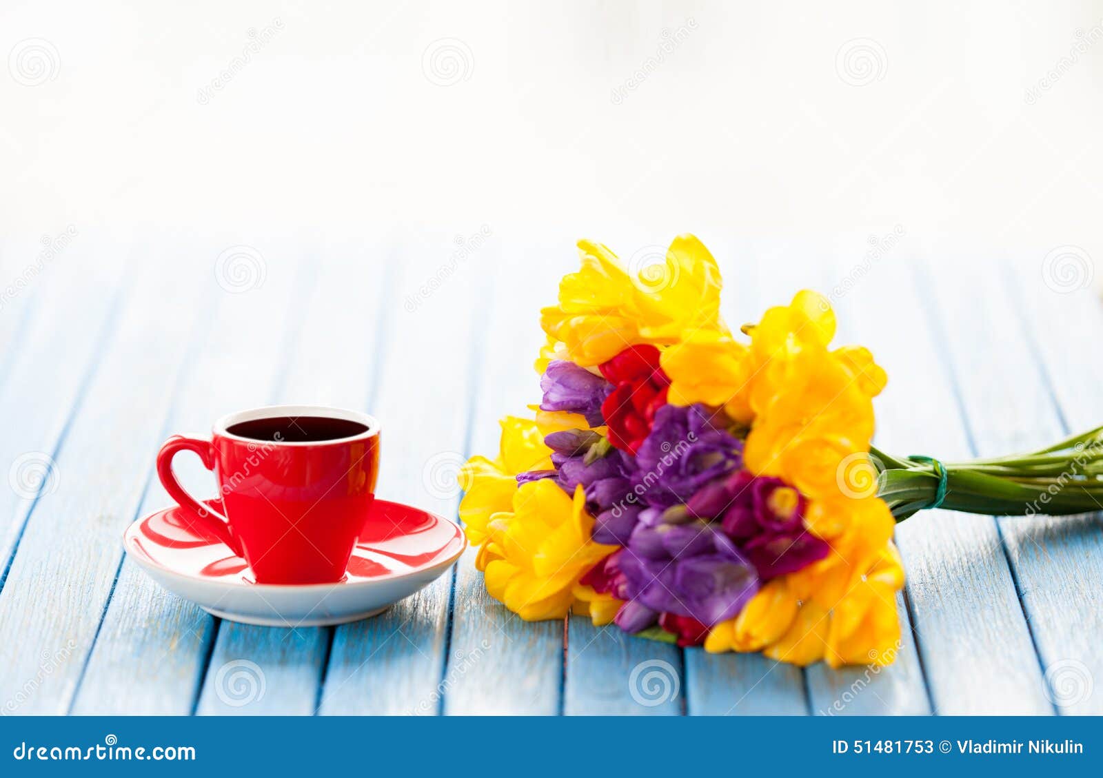 Cup of Coffee and Bouquet of Flowers Stock Image - Image of stripe ...