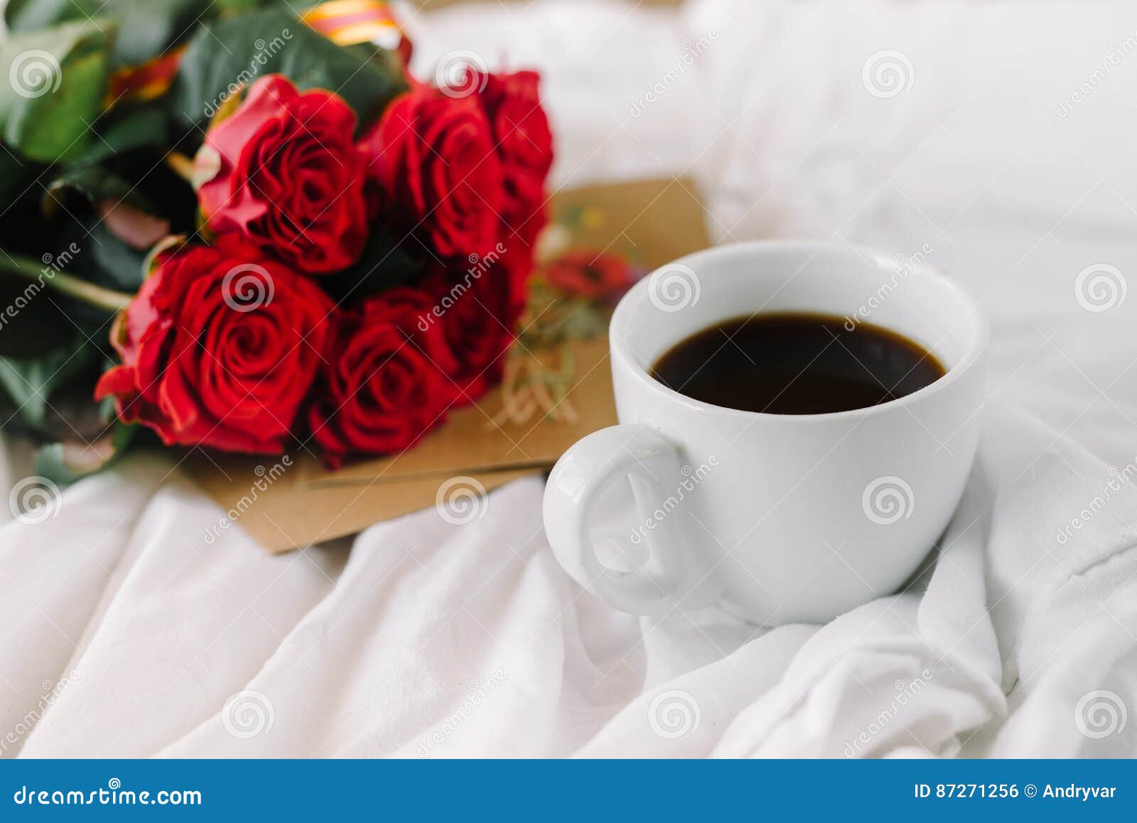 Cup of Coffee and a Bouquet of Red Roses, Envelope Stock Photo - Image ...