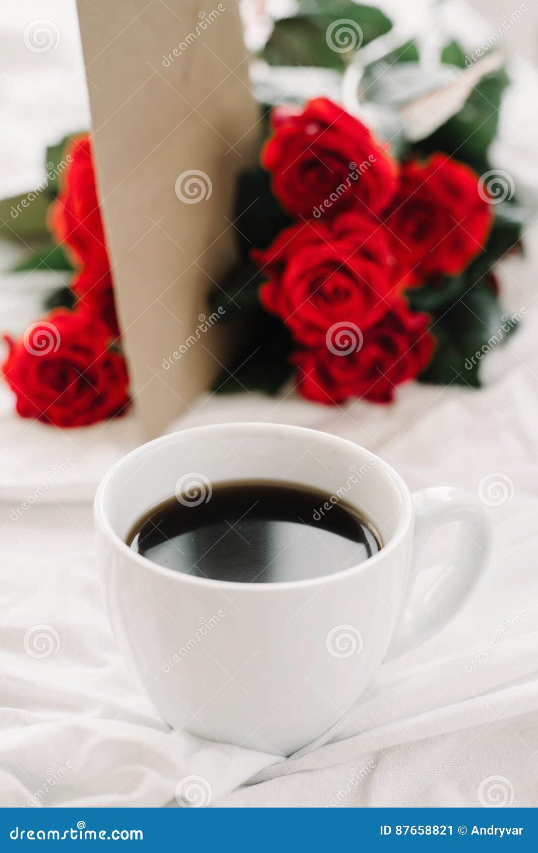 Cup of Coffee and a Bouquet of Red Roses, Envelope Stock Image - Image ...