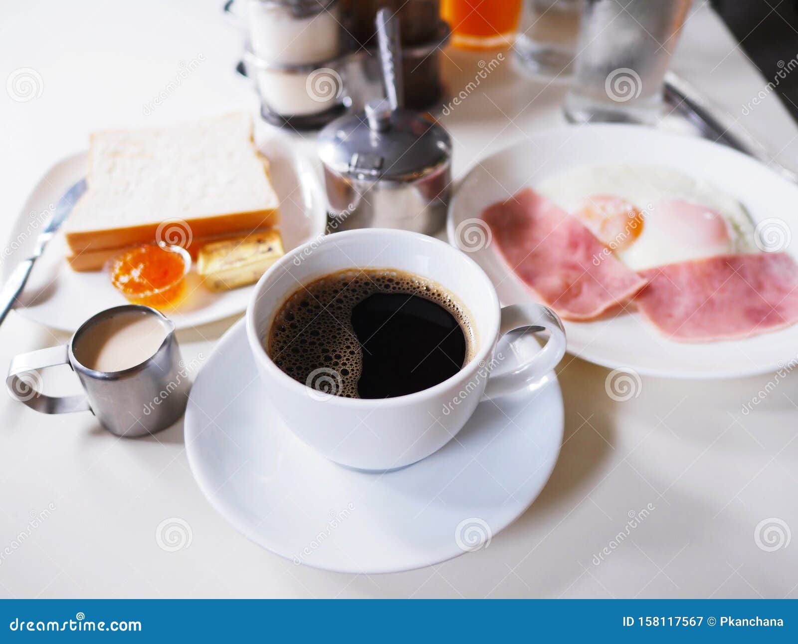 Cup of Coffee and Breakfast Set on White Table Stock Image - Image of ...