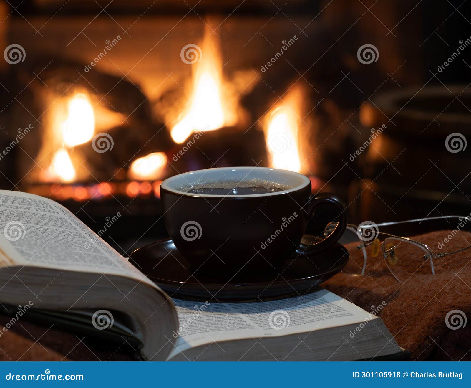 Cup of Coffee with Burning Fireplace in Background Stock Photo - Image ...
