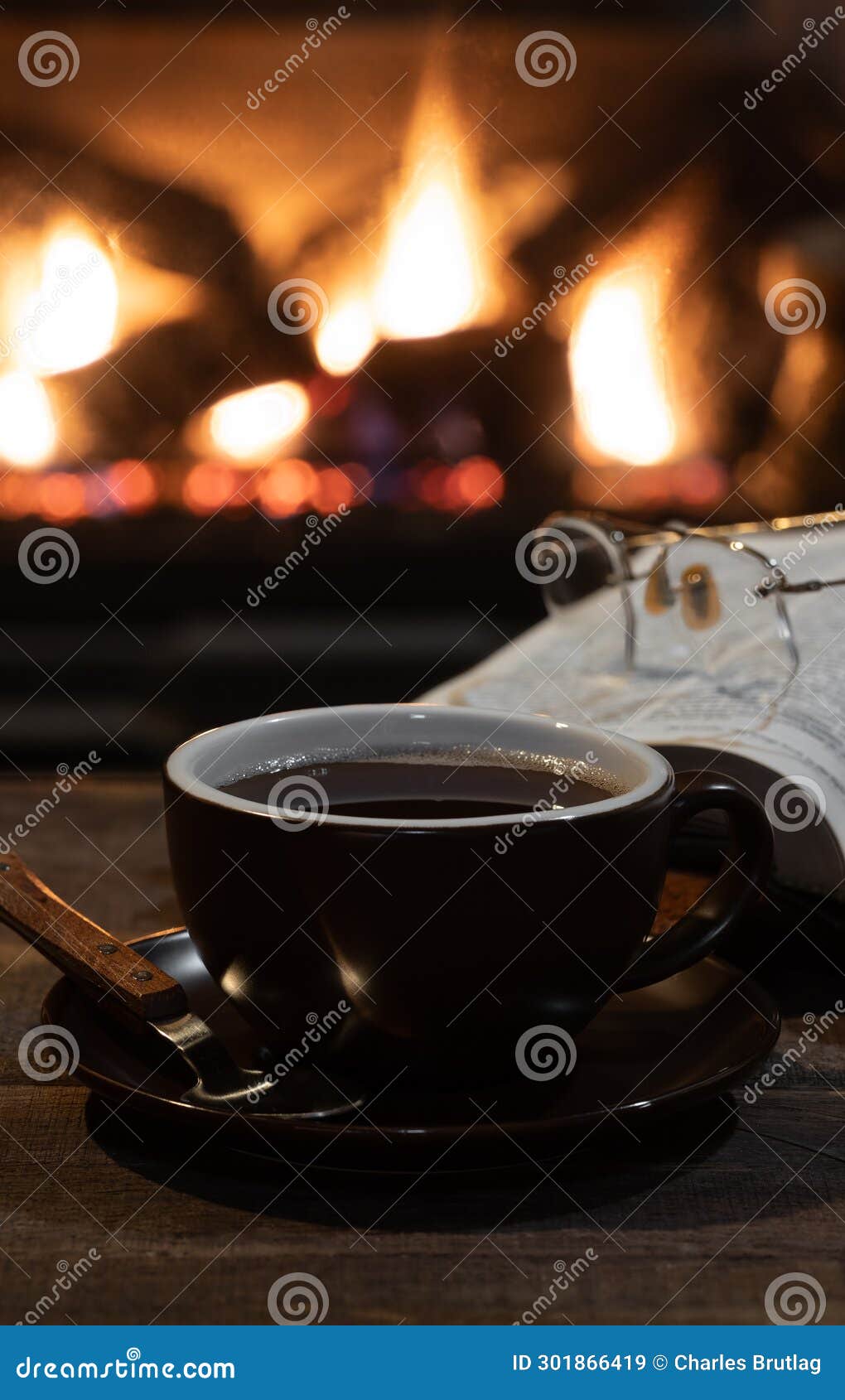 Cup of Coffee with Burning Fireplace in Background Stock Image - Image ...