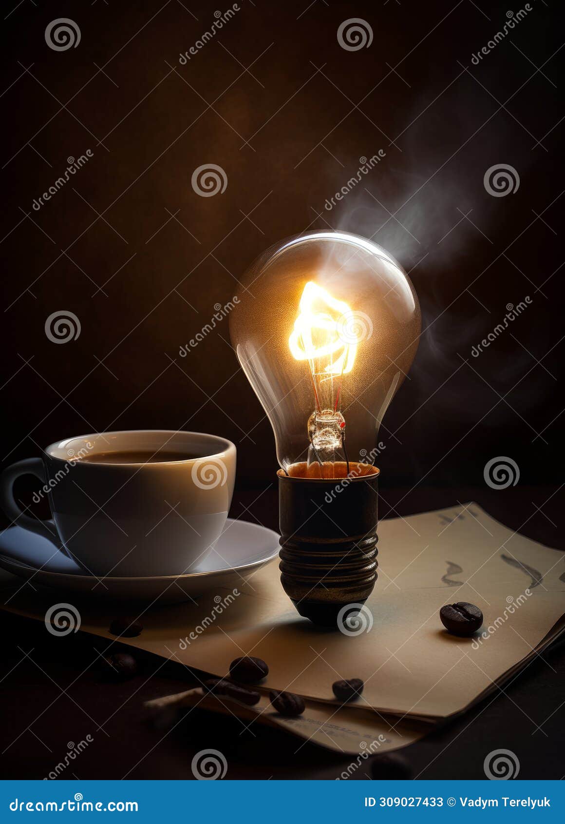 Cup of Coffee and Burning Light Bulb on Table Stock Image - Image of ...