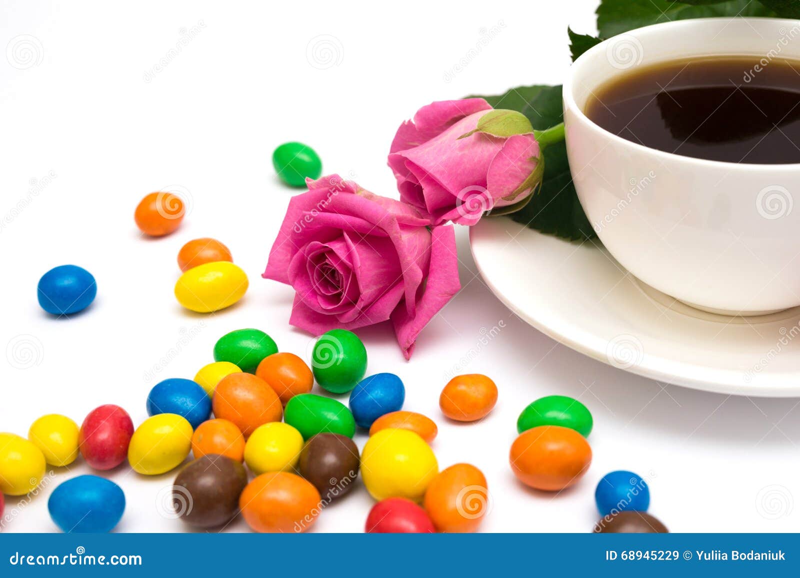 Cup of Coffee, Candies and Roses Stock Image - Image of variegated ...
