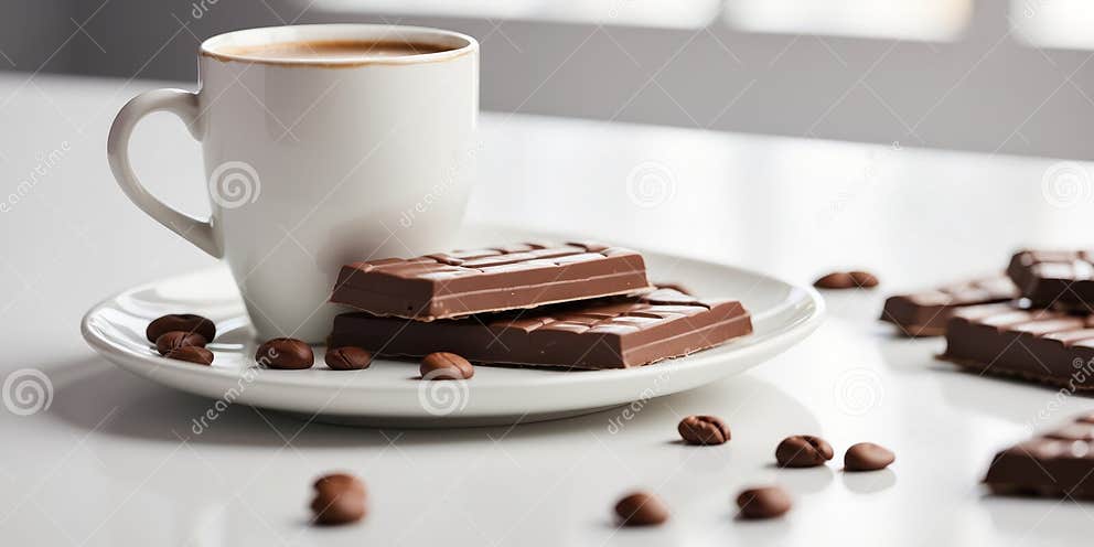 A Cup of Coffee and a Chocolate Bar on a White Table. Stock Image ...