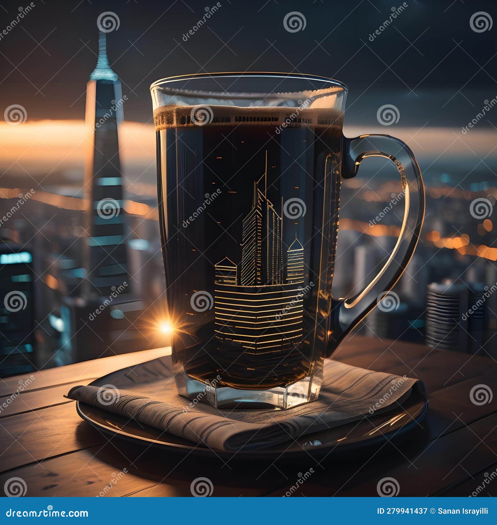 Cup of Coffee with City Skyline at Night. Generative Ai Stock ...