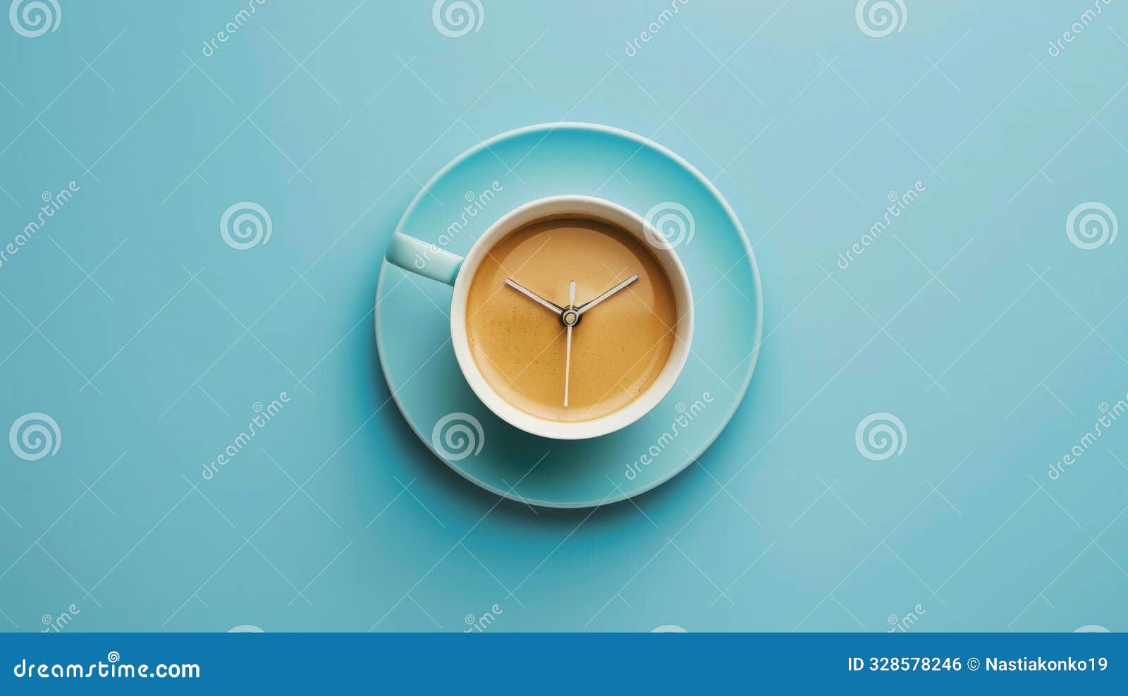 Cup of Coffee with Clock Hands in it on Blue Background, Conceptual ...