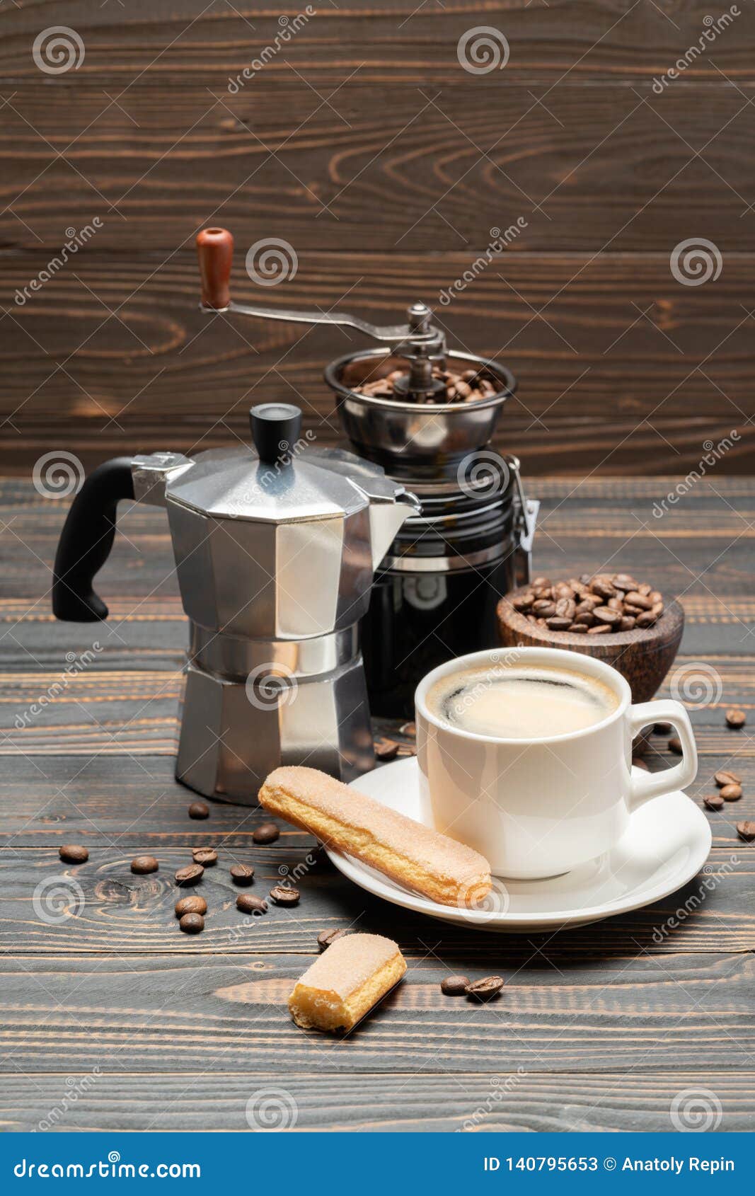 Cup of Coffee with Coffe Maker on Wooden Backround Stock Image - Image ...