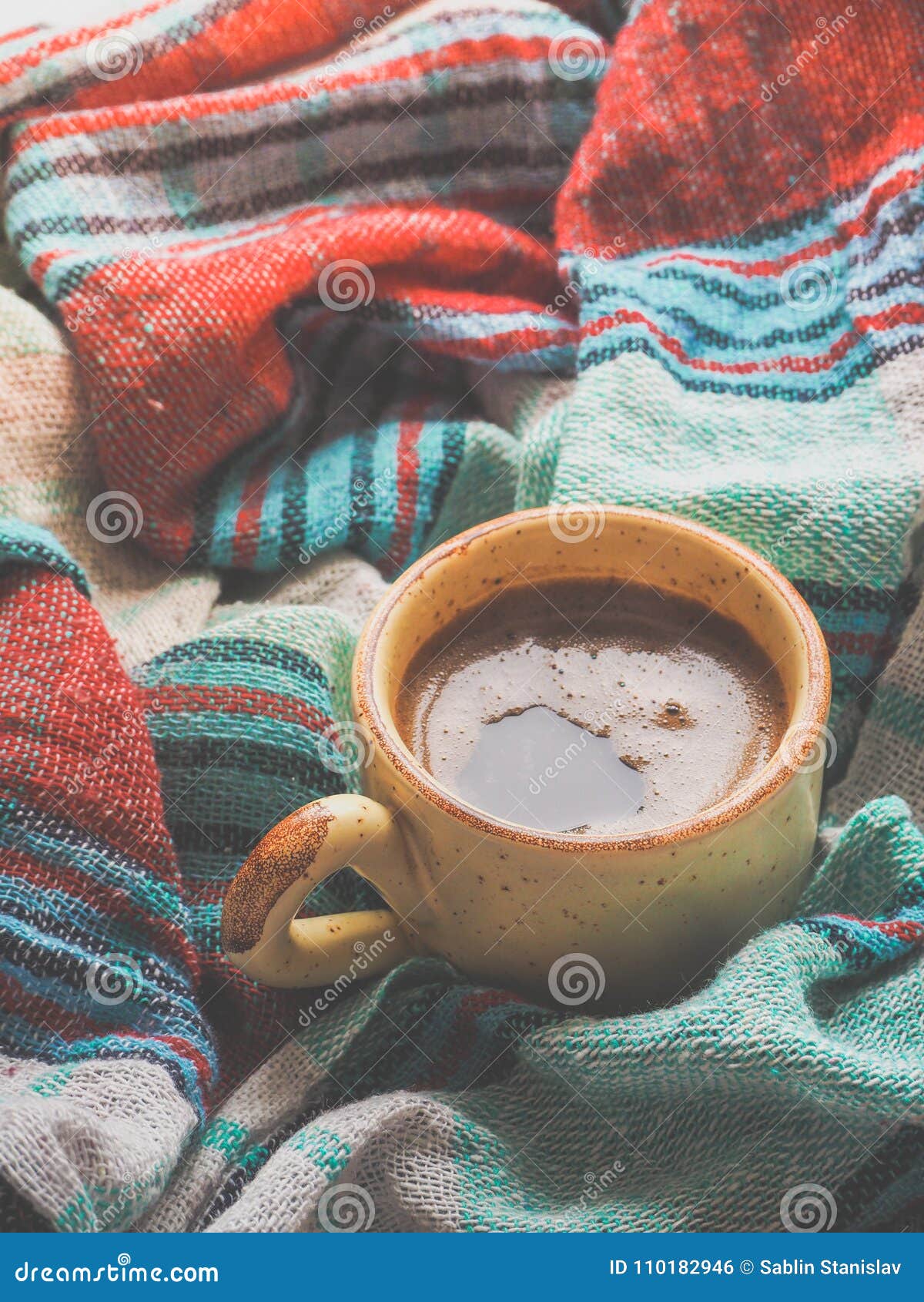 A Cup of Coffee and Colored Textiles. Comfort on Cold Days. Home ...