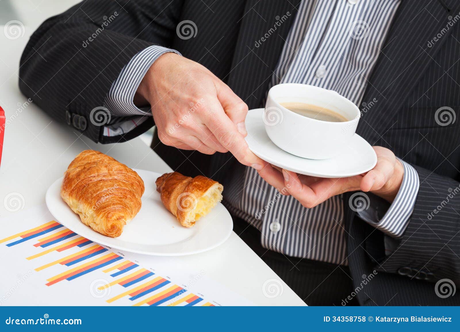 Cup of Coffee and Croissant at Work Stock Photo - Image of analysee ...