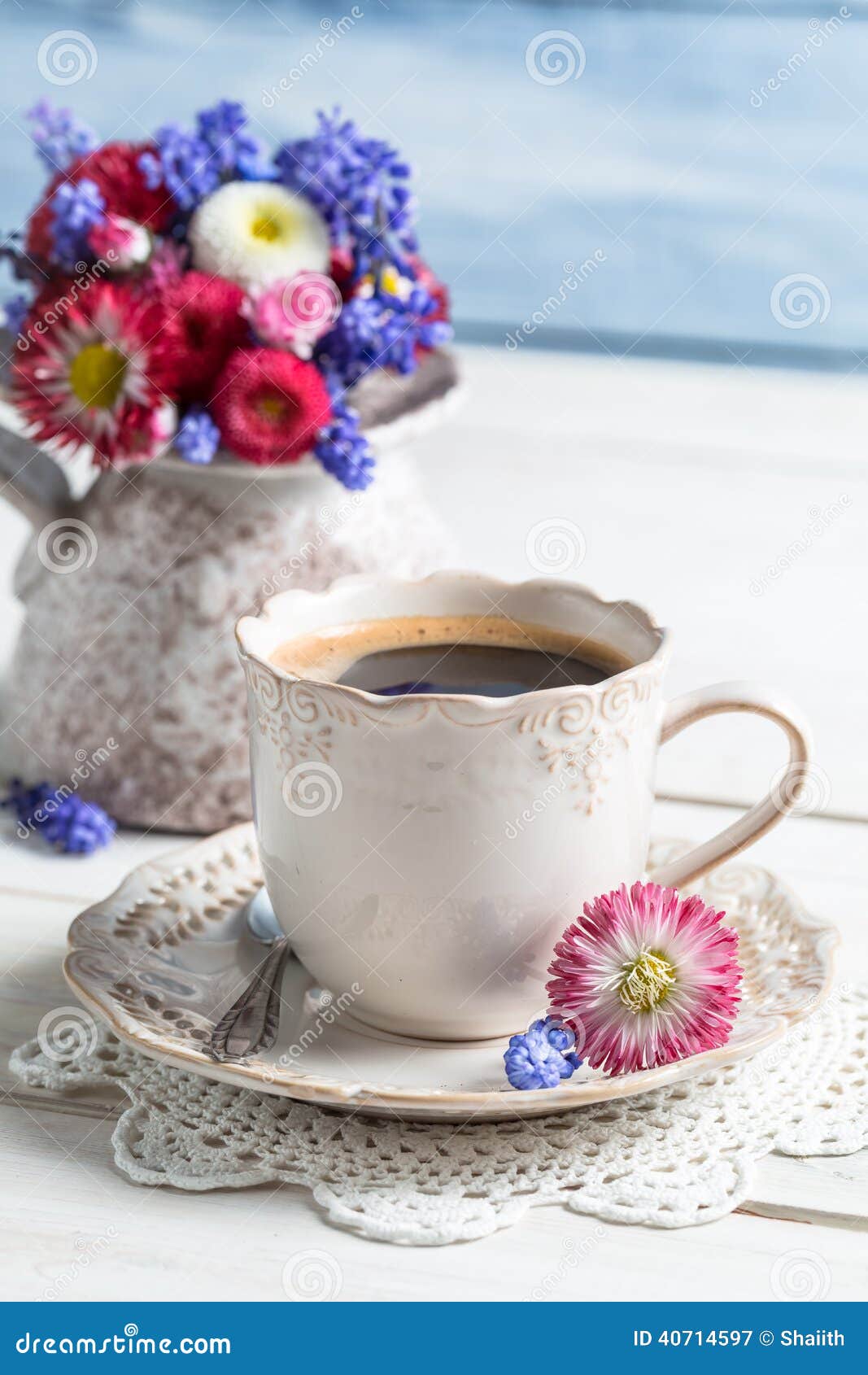 Cup of Coffee and Daisy Flowers Stock Image - Image of beautiful ...