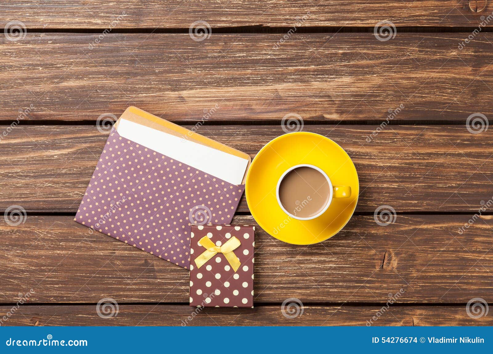 Cup of Coffee and Envelope with Gift Boxes Stock Photo - Image of polka ...
