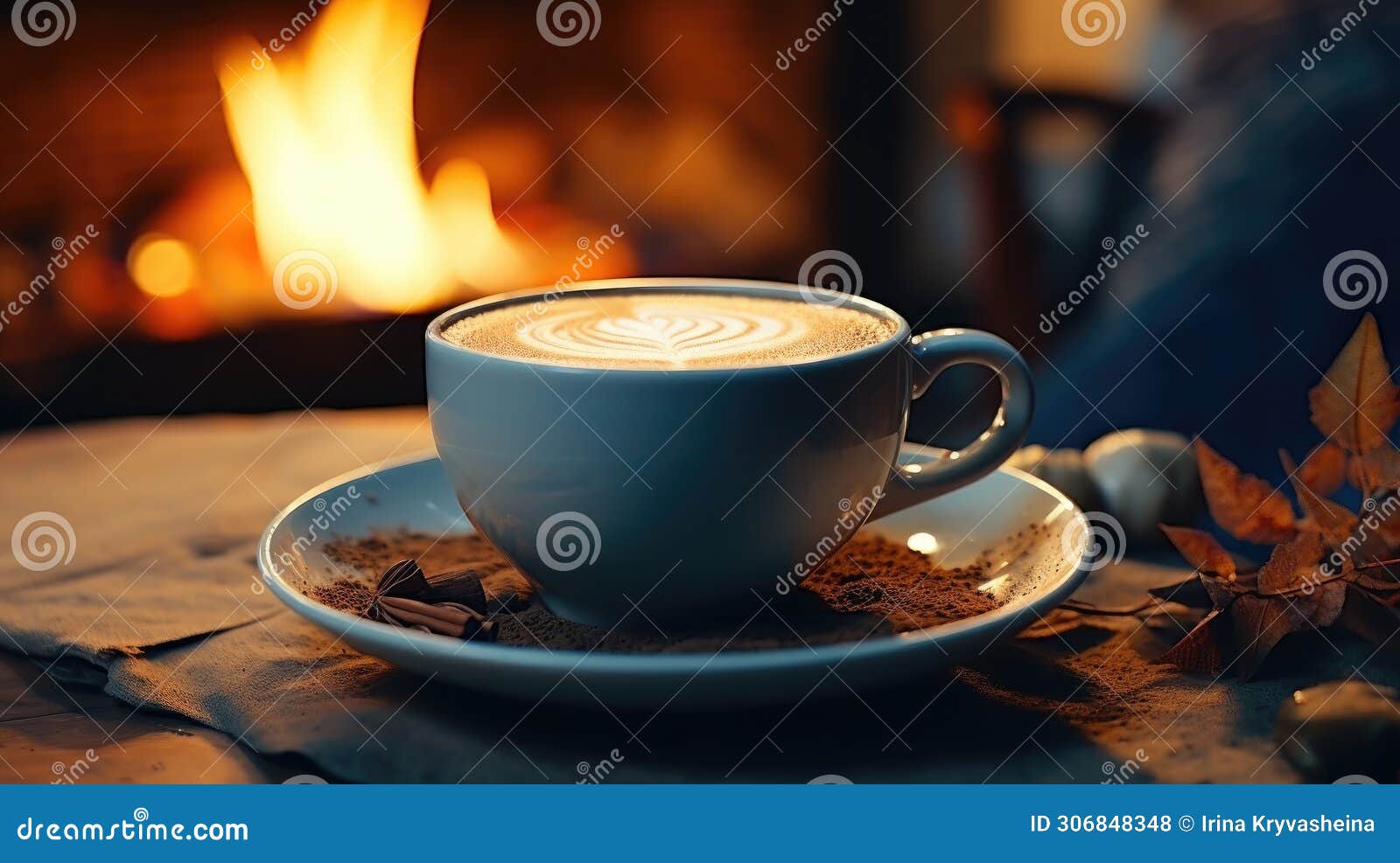 A cup of coffee by a fire stock photo. Image of coffee - 306848348