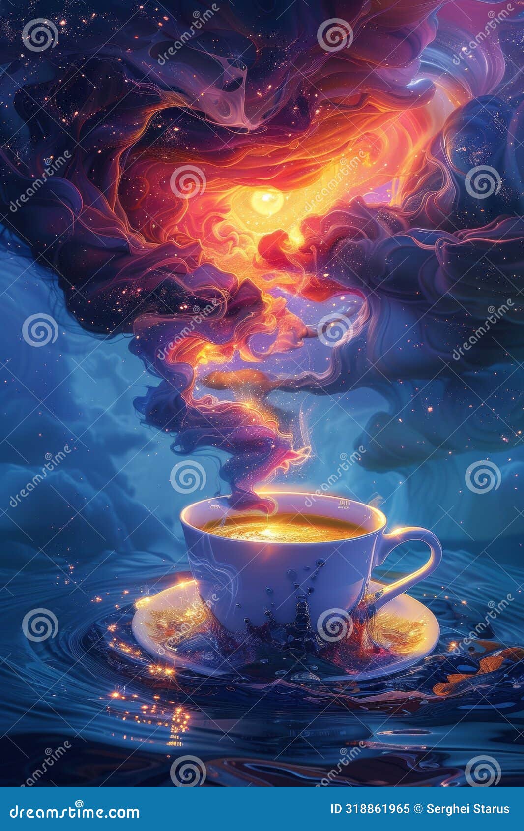 A Cup of Coffee Floating in a Cloud with Fire Coming Out, AI Stock ...