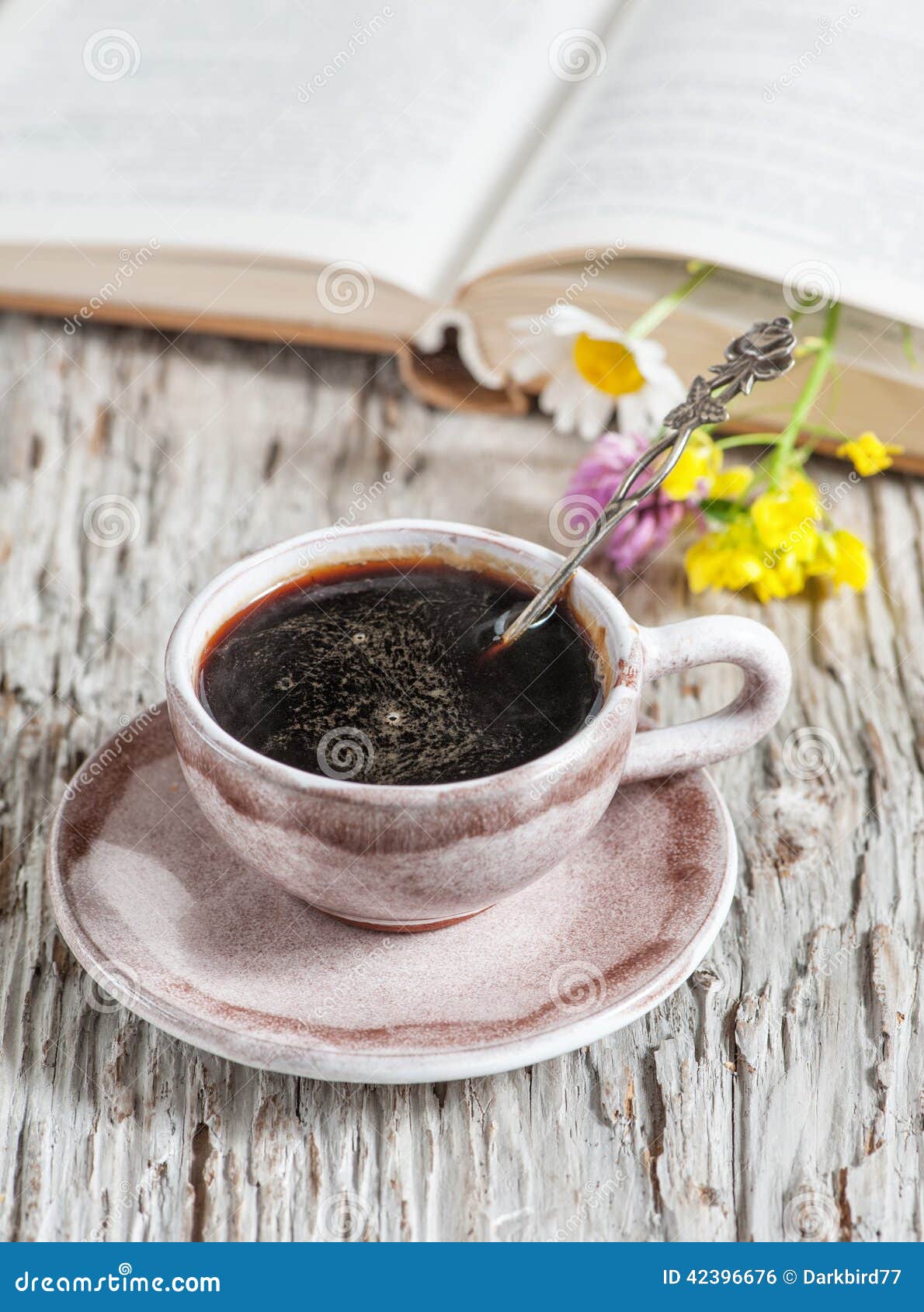 Cup of Coffee and Flowers in Open Book Stock Photo - Image of bloom ...