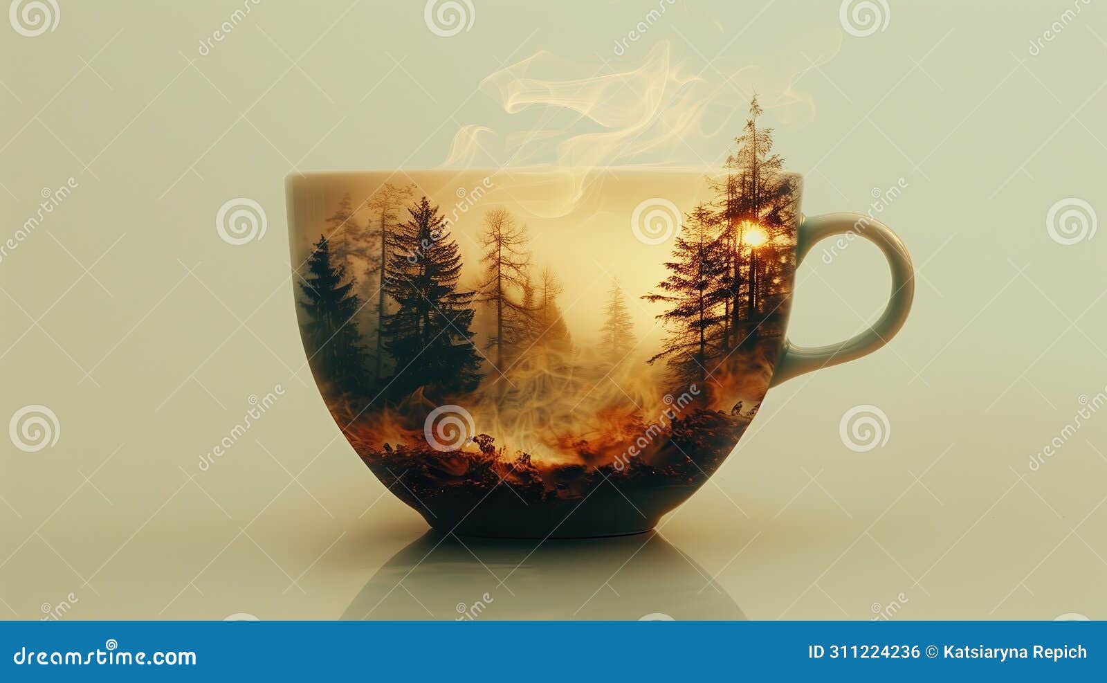 Cup of Coffee with Forest in the Fog. 3d Illustration, Double Exposure ...