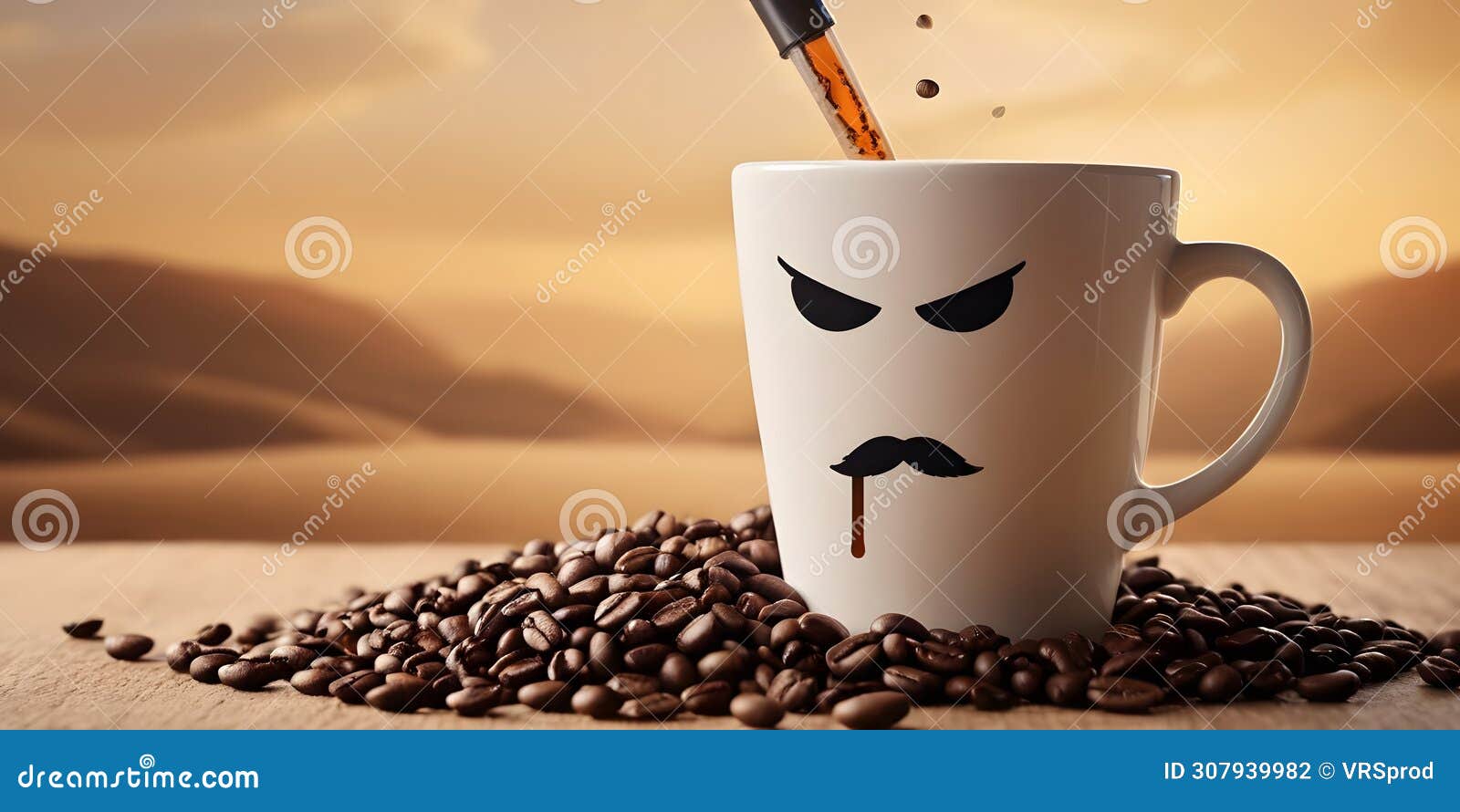 A Coffee Cup with an Angry Face Drawn on it Surrounded by Coffee Beans ...