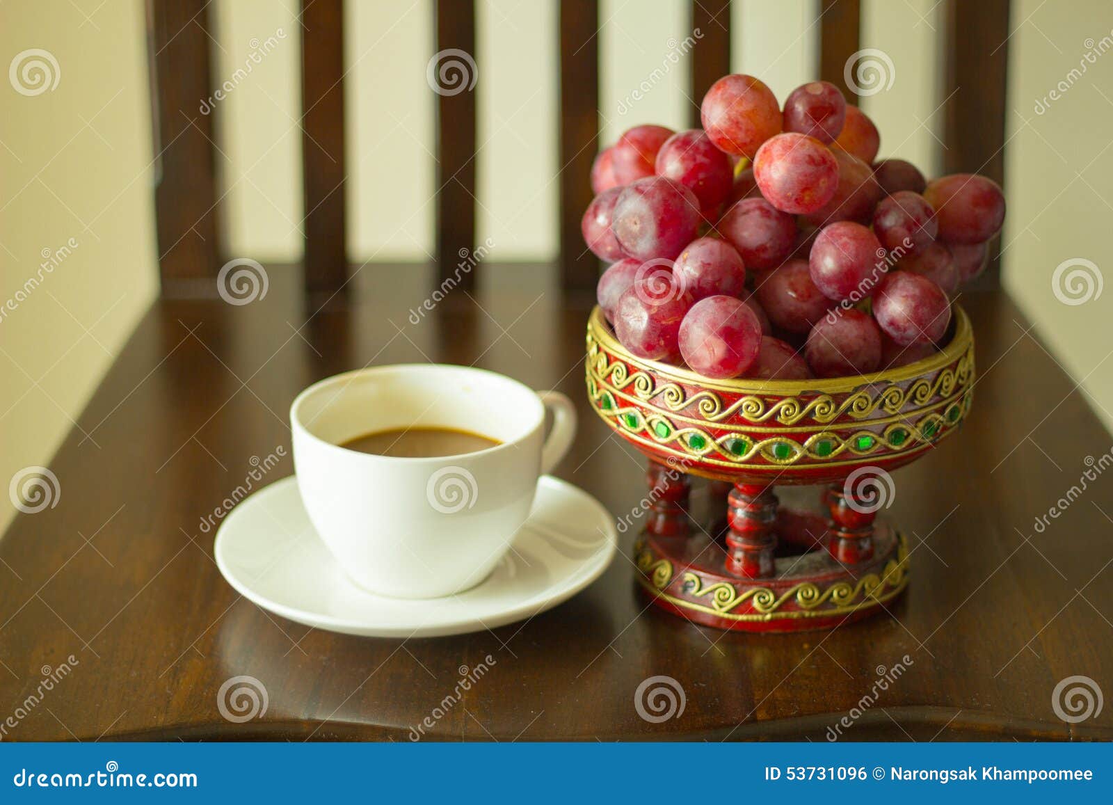 Cup of coffee and a grapes stock photo. Image of breakfast - 53731096