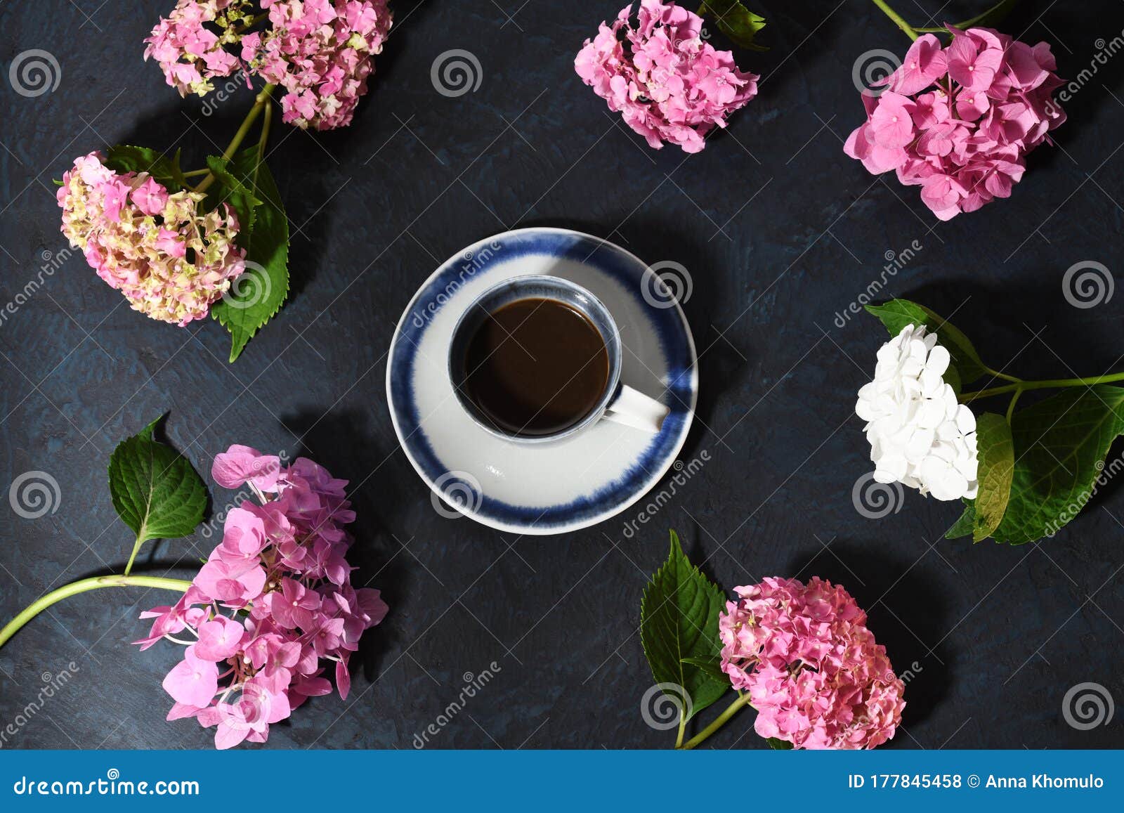 Cup of Coffee and Hydrangea Flowers Stock Photo - Image of romantic ...