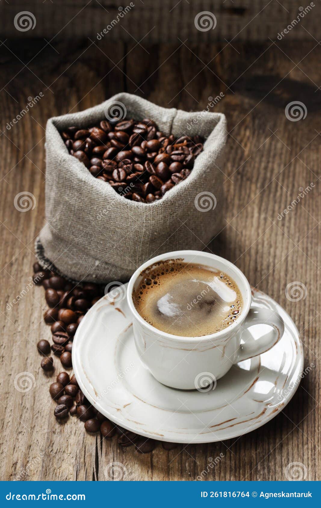 Cup of Coffee and Jute Sack on Wooden Table Stock Photo - Image of ...