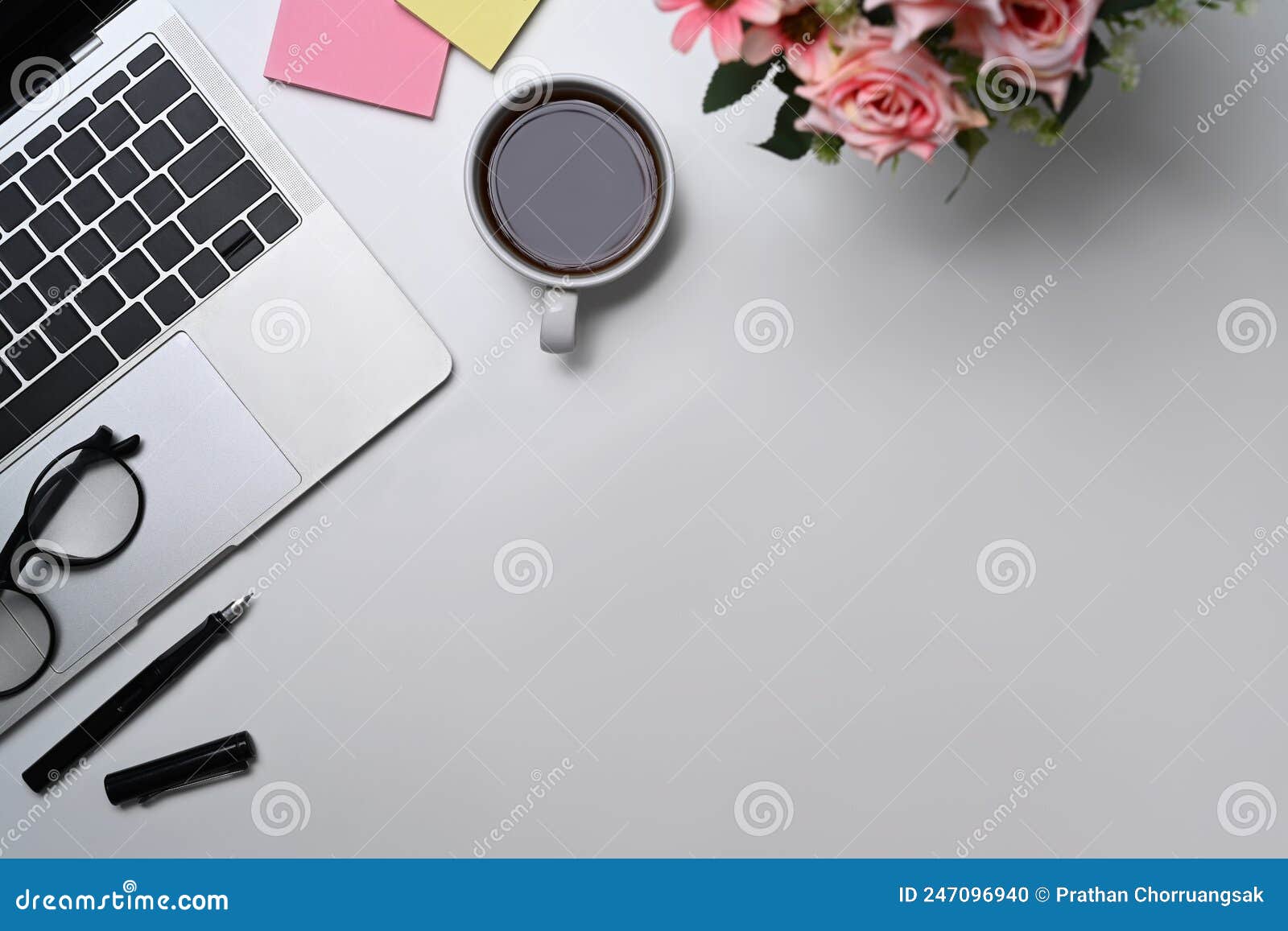 Cup of Coffee, Laptop Computer, Glasses and Sticky Notes on White Table ...