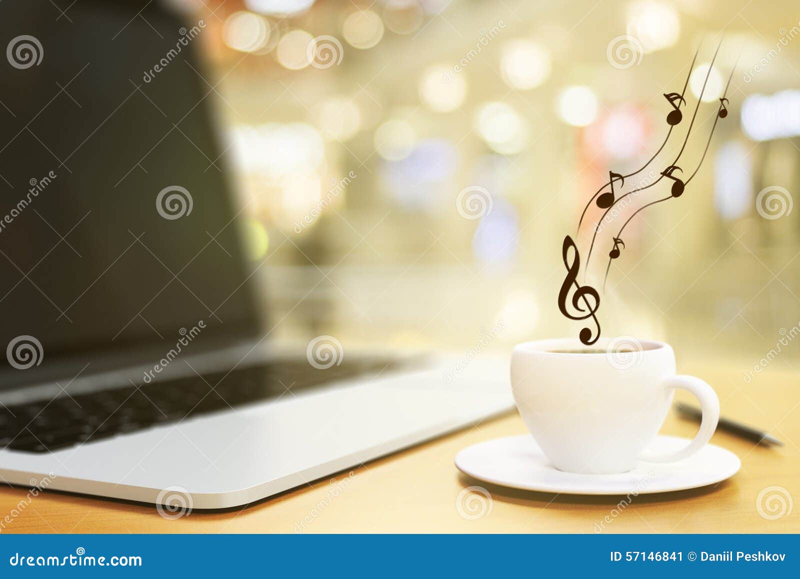 Cup of Coffee, Laptop and Musical Notes Stock Image - Image of design ...